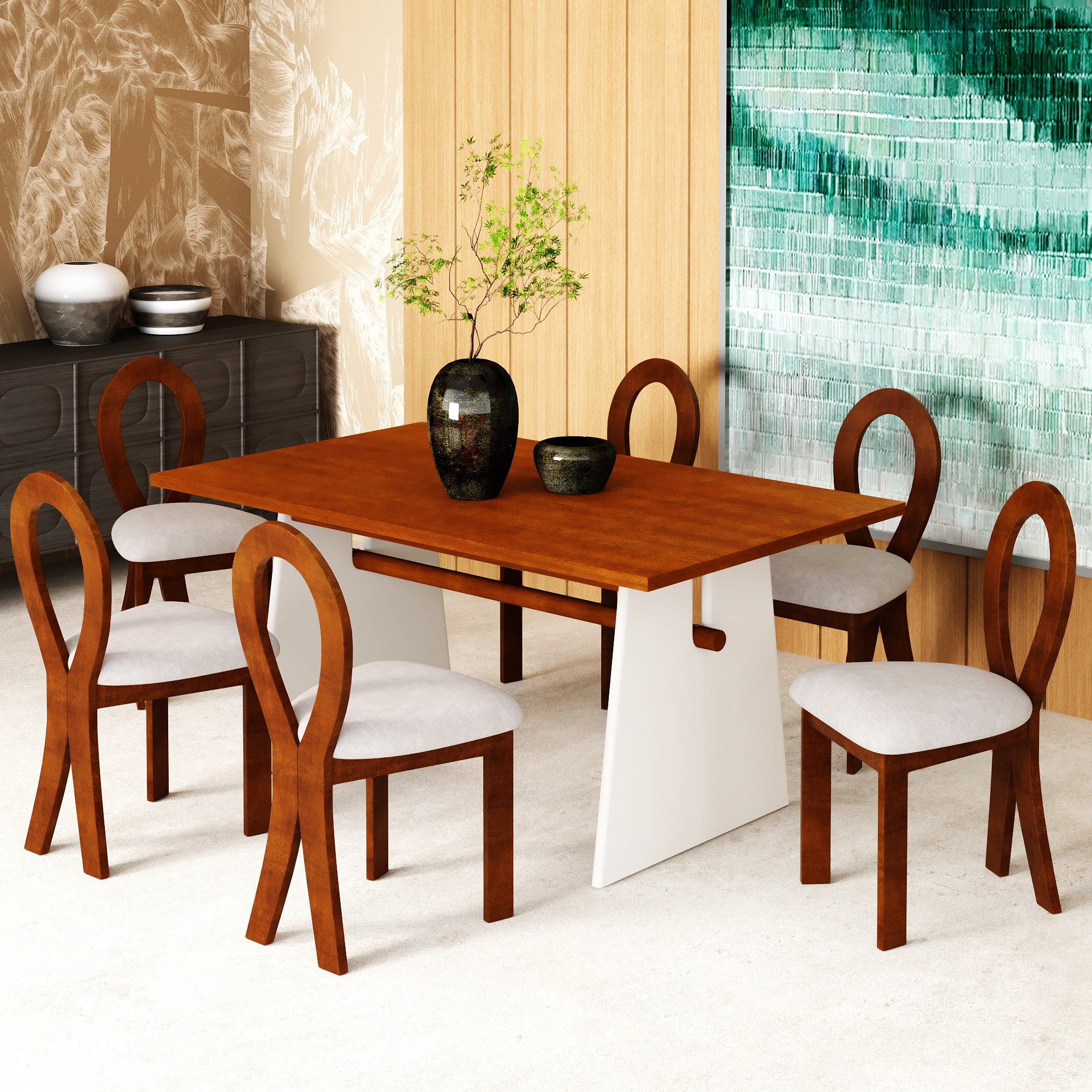 Lark Manor Modern 7-Piece Dining Table Set With Trestle Dining Table ...