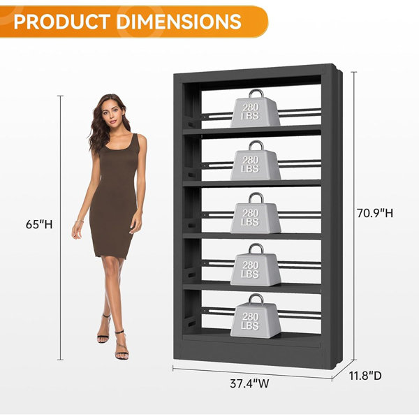 Hokku Designs Bookshelf 5 Tier Metal Bookshelf With Adjustable Storage ...