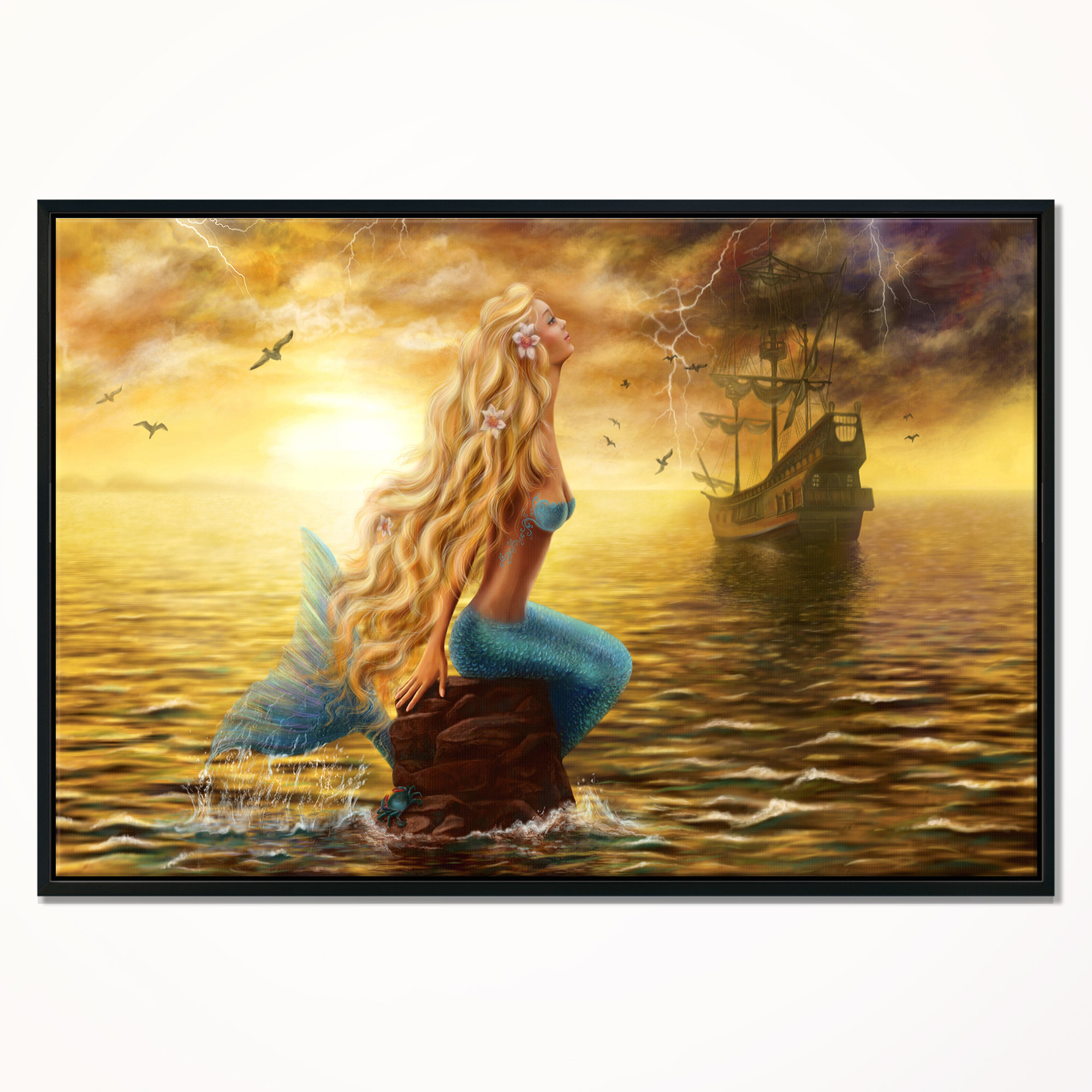East Urban Home 'Sea Mermaid with Ghost Ship' Floater Frame Graphic Art ...