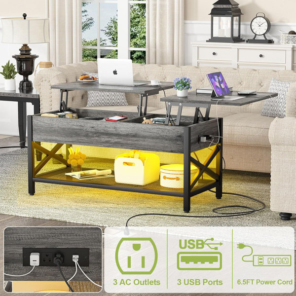 Ivy Bronx Lift Top Coffee Center Table with LED Light and Power Outlet ...