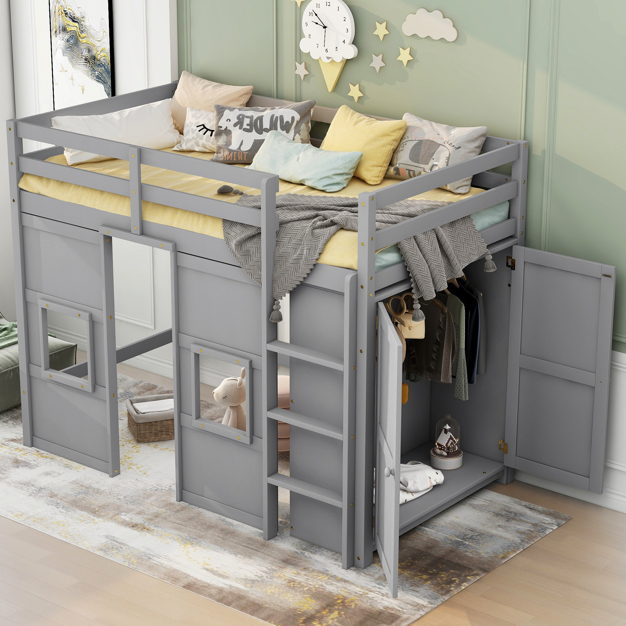 Harriet Bee Wood Twin Loft Bed with Built-in Storage Wardrobe & 2 ...