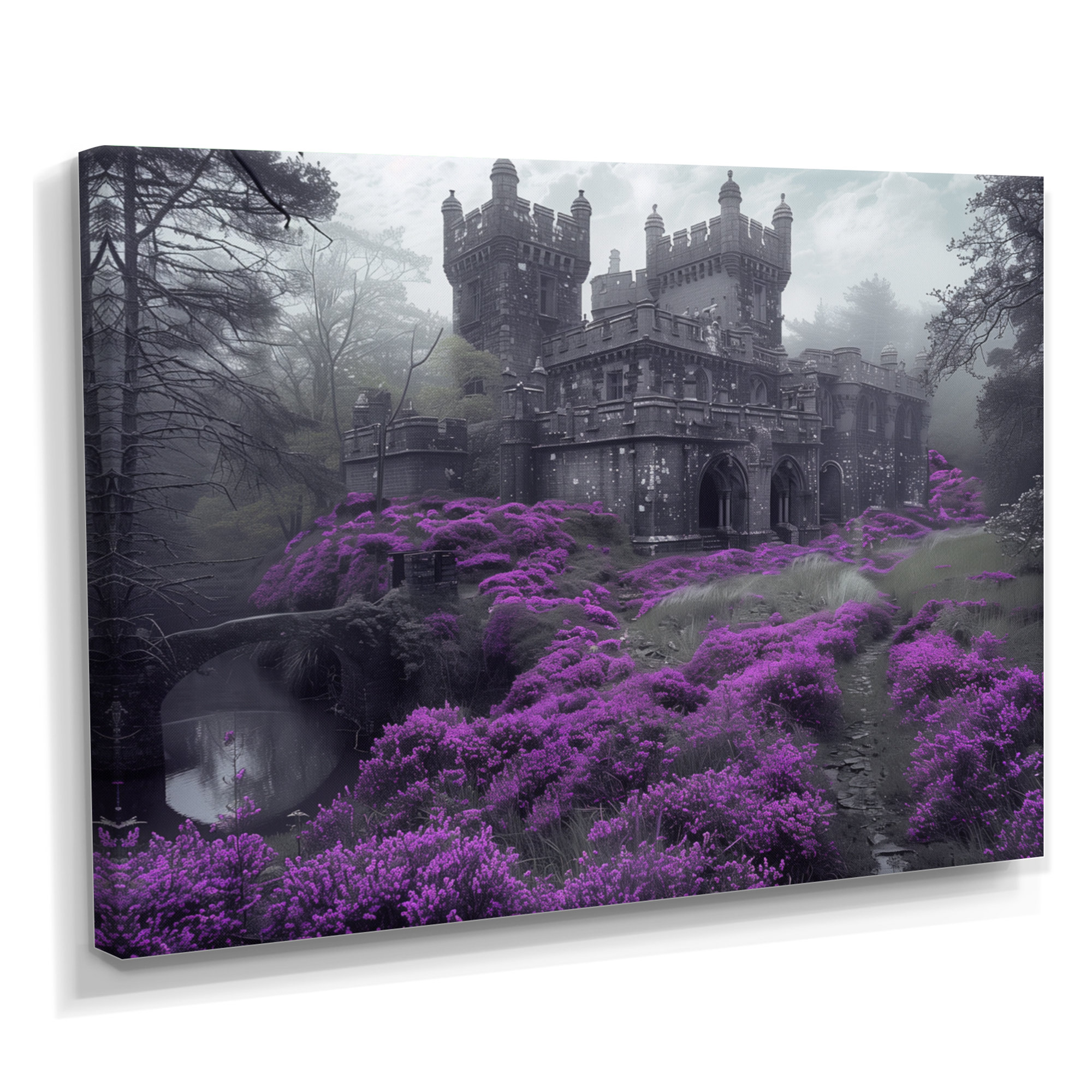 Winston Porter Monochrome purple Grey fog castle flowers in France III ...