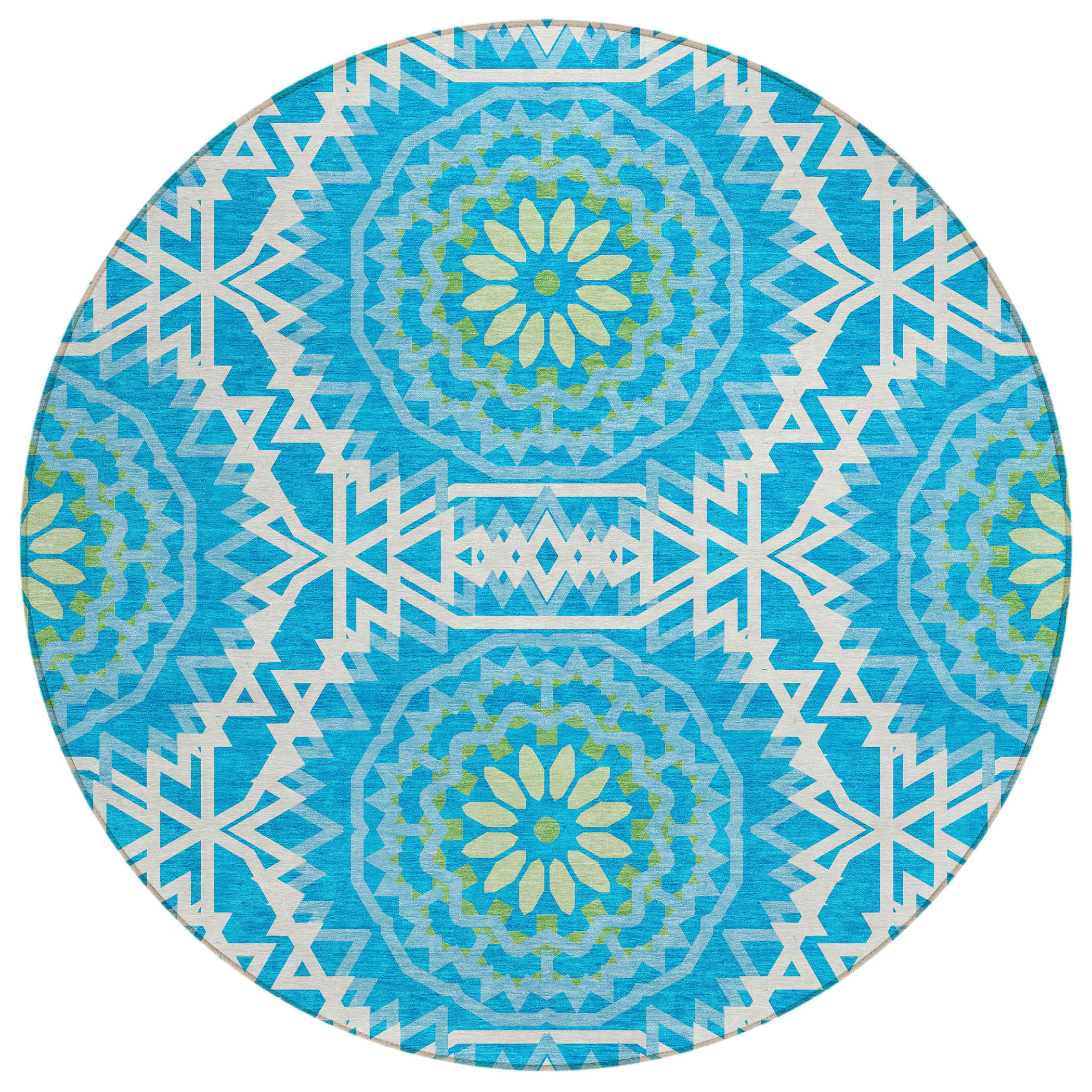 HomeRoots 8' Sky Blue Round Floral Medallion Washable Indoor Outdoor ...