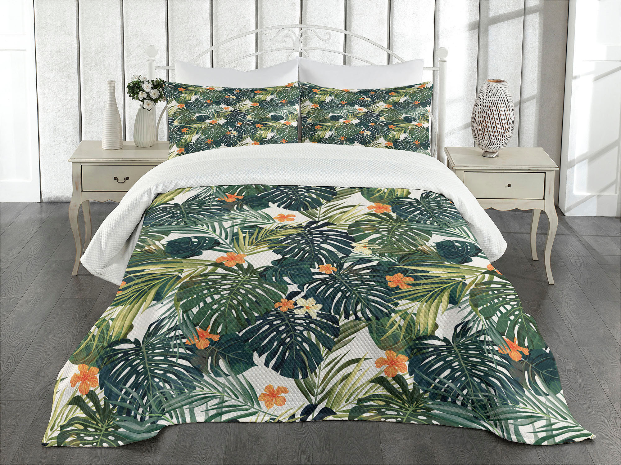 Ambesonne Hawaii Bedspread Set Colorful Polynesia Plant Jade Green Fern ...