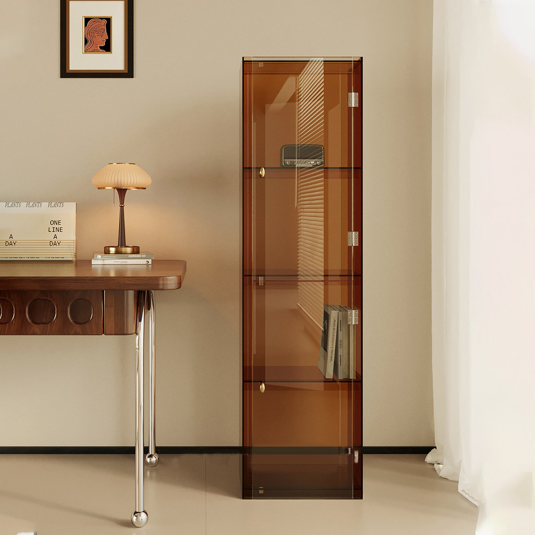 Orren Ellis Acrylic minimalist bookcase with a door. | Wayfair