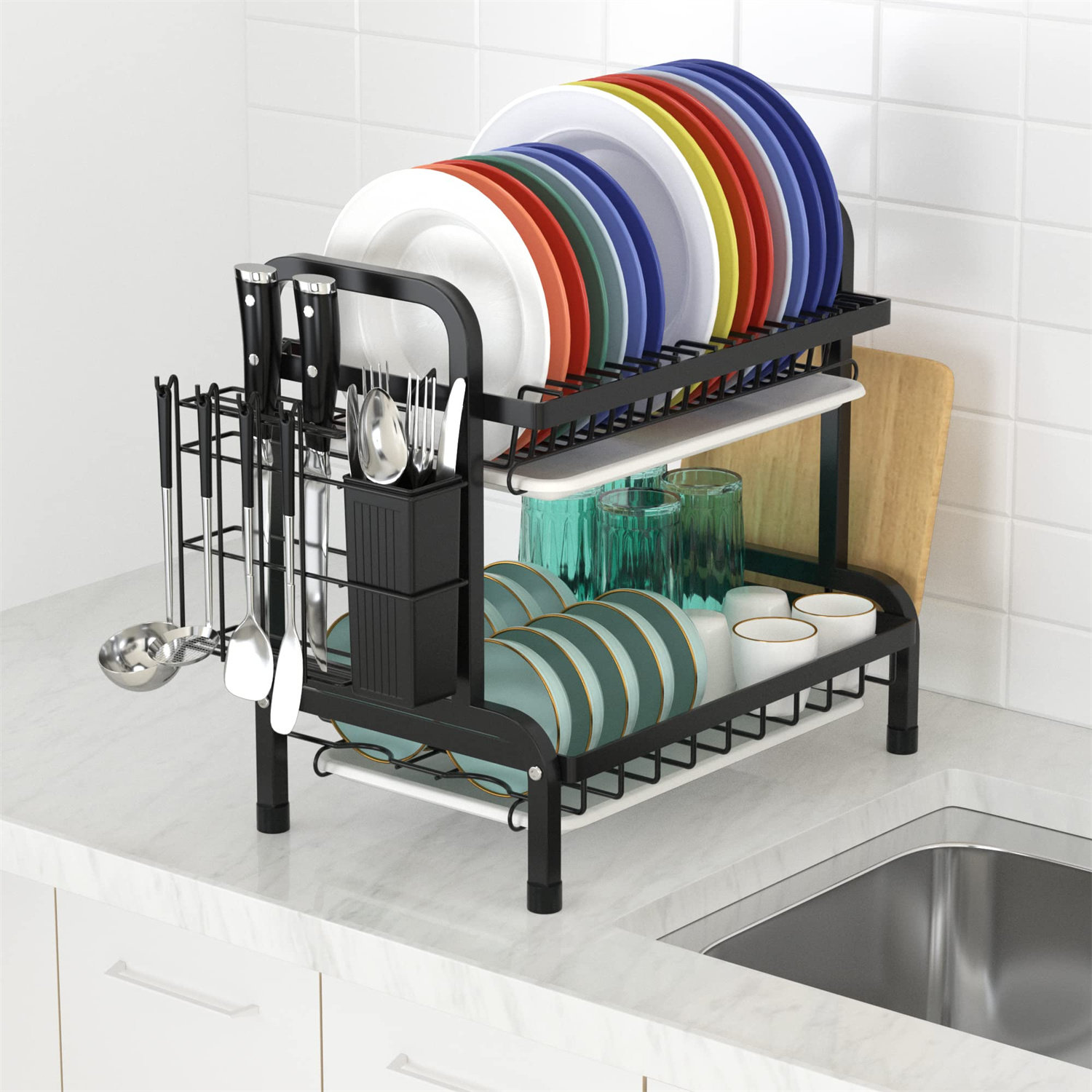 Belfry Kitchen 2 Tier Black Dish Drainer Rack, Stainless Steel Dish ...