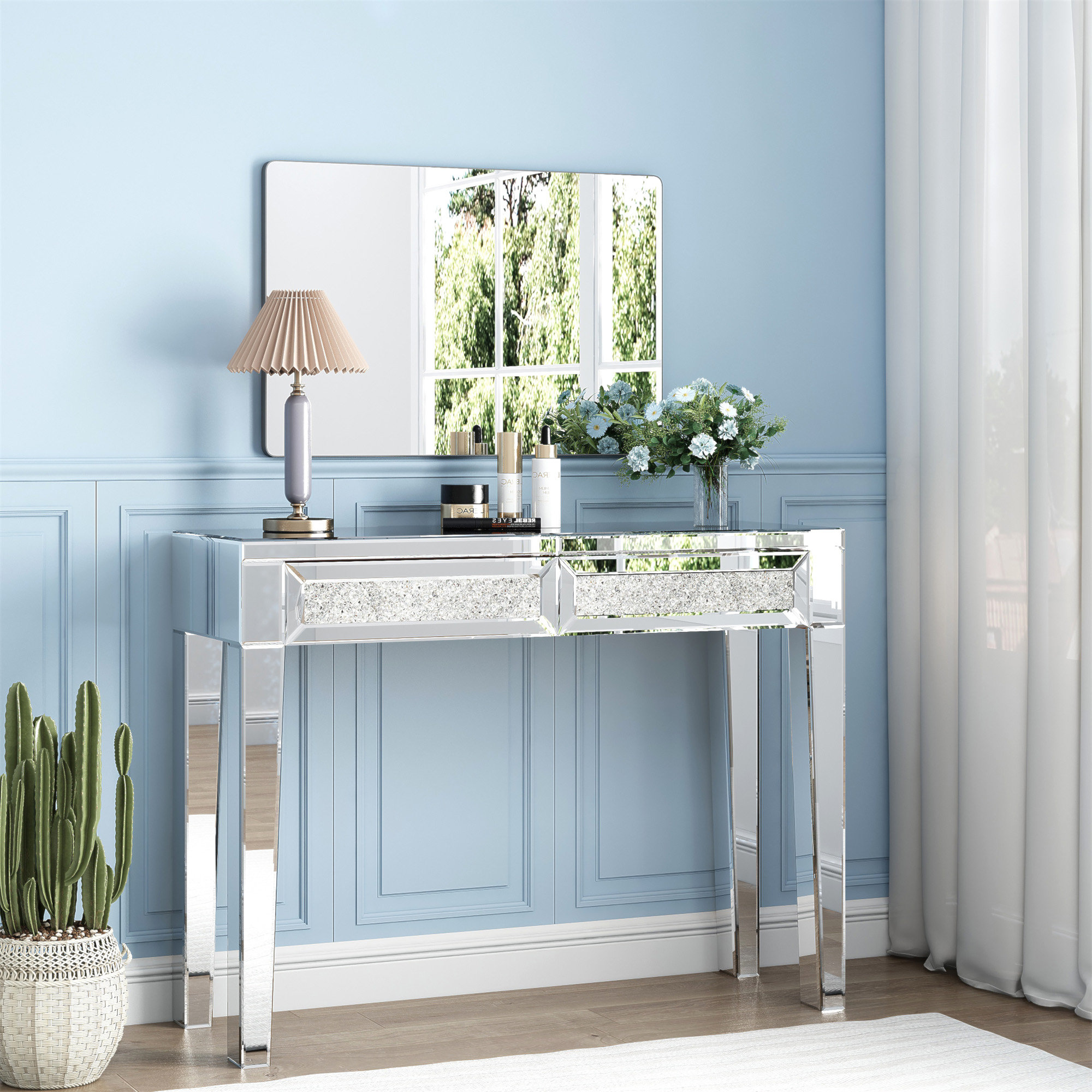HLILish Mirrored Vanity Table Diamond Inlay 2-Drawer | Wayfair