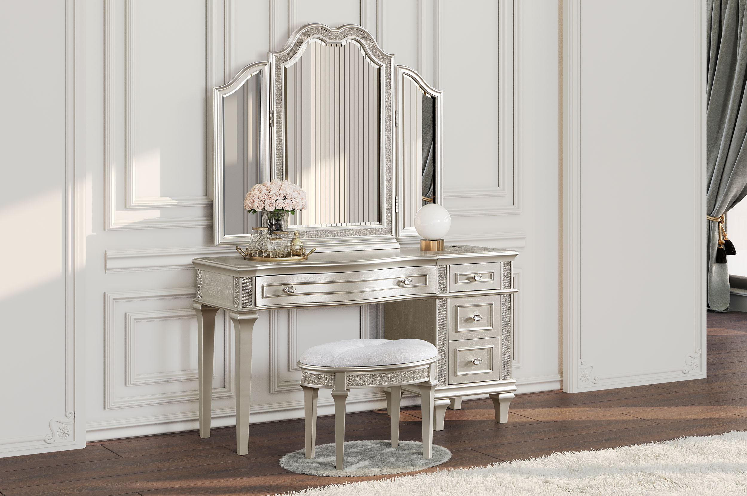Rosdorf Park Grand Aesthetic - 4-Drawer Vanity Set With Stool Silver ...