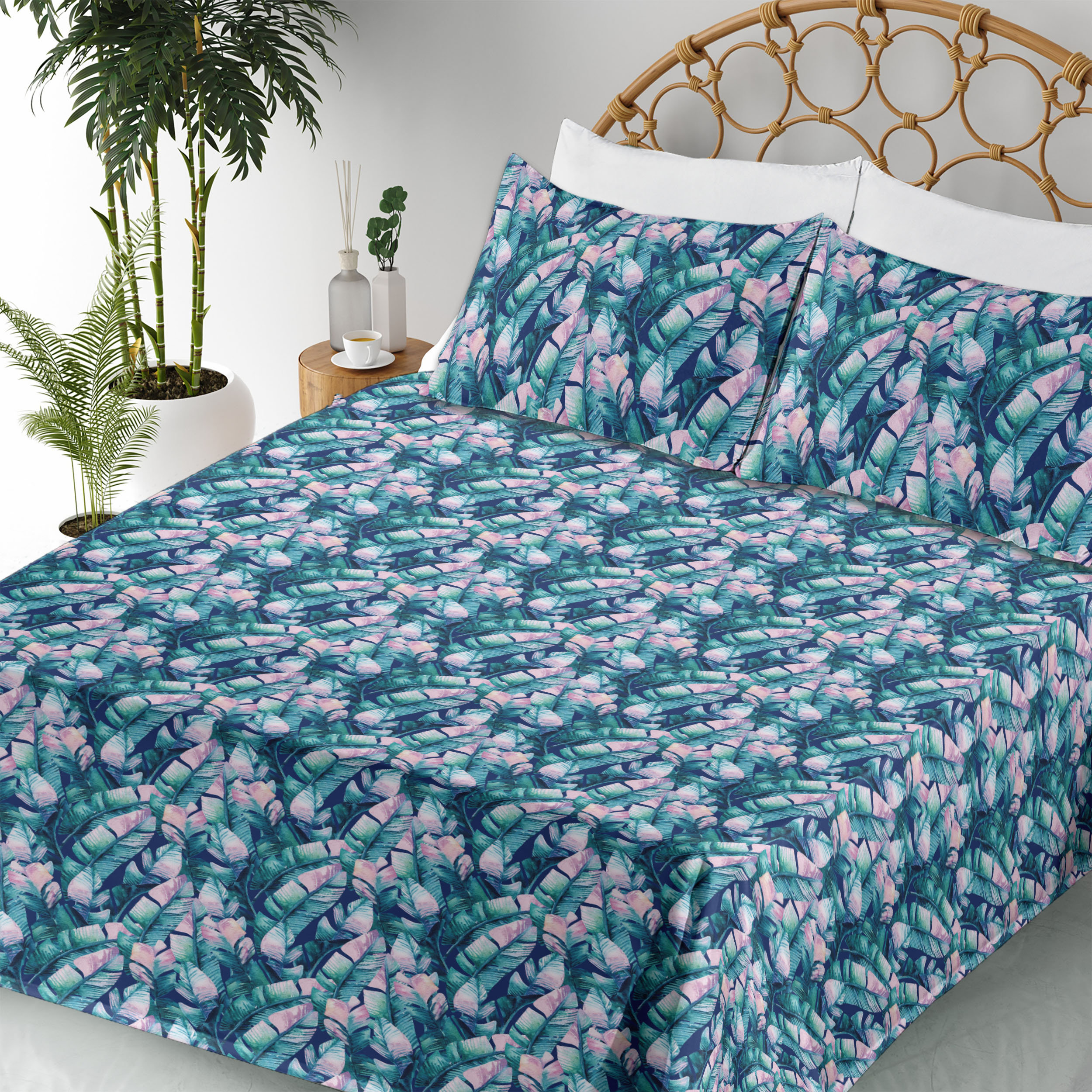 Ambesonne Tropical Sheet Set Colorful Art Banana Leaves Teal Pale Pink ...