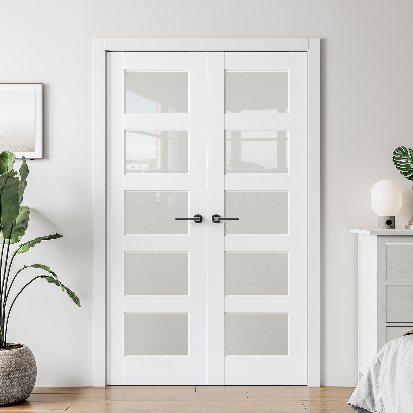 SMARTSTANDARD Primed 5-Lite Frosted Glass Solid Wood Double Slab Doors ...