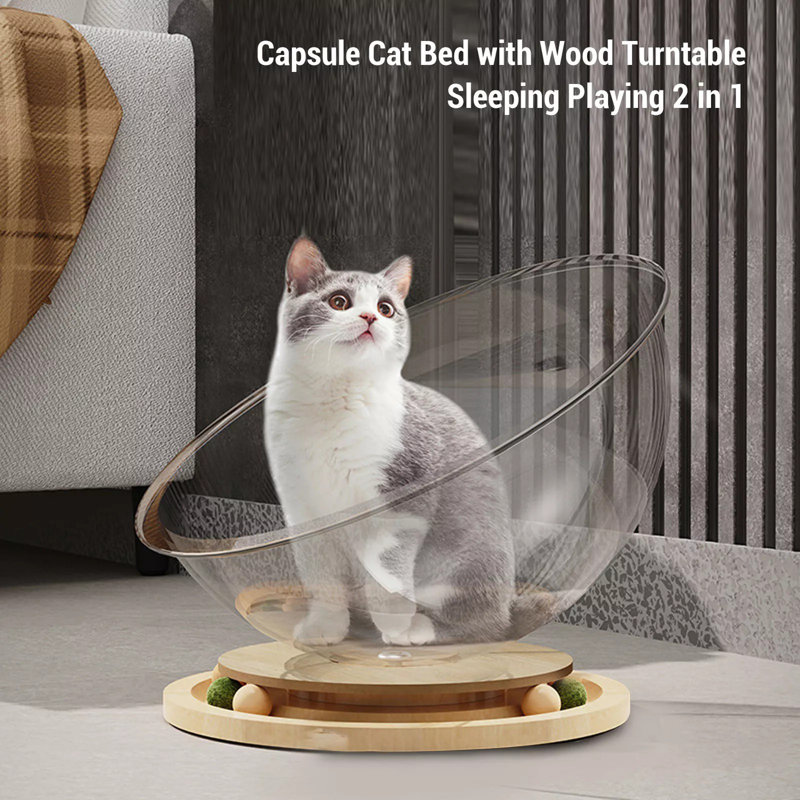 George Oliver Space Capsule Cat Bed With Wood Turntable Catnip Ball ...