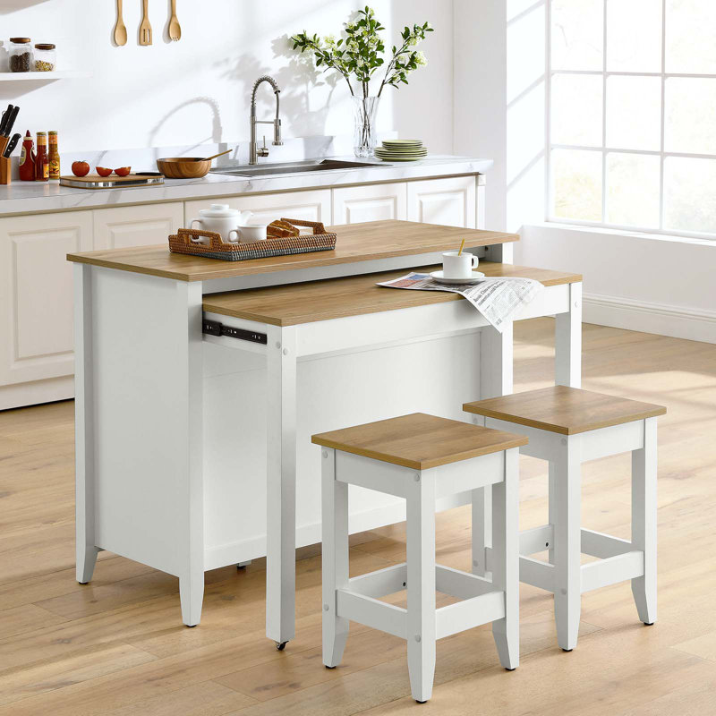 Modway Farmstead 3-Piece Kitchen Island And Stool Set In Oak White ...