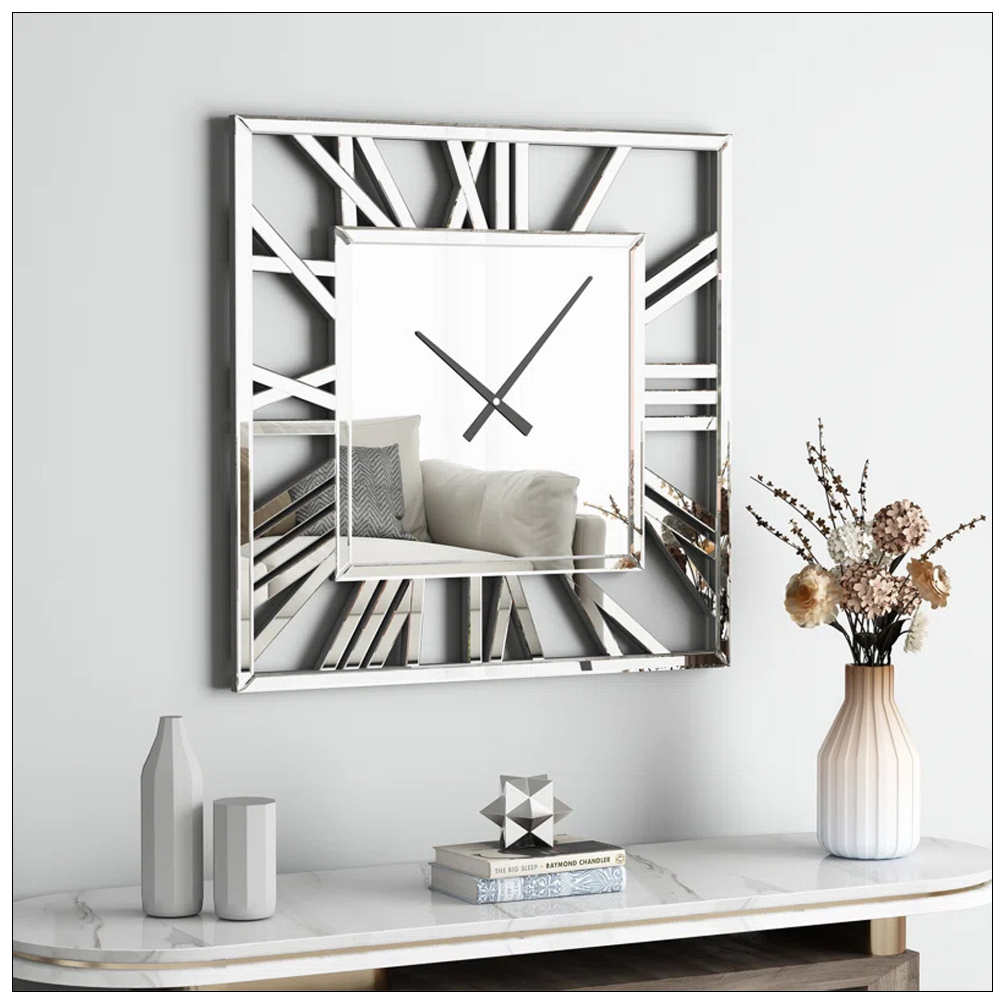 Orren Ellis Mirrored Roman Numerals Decorative Square Glass Large Wall ...