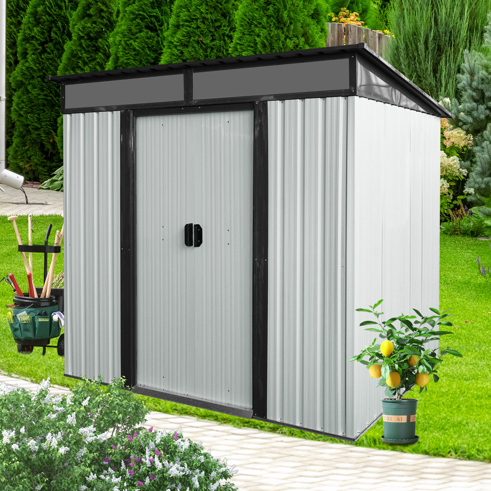 HOA.WWC 6x5 Metal Outdoor Storage Shed With Transparent Plate White ...