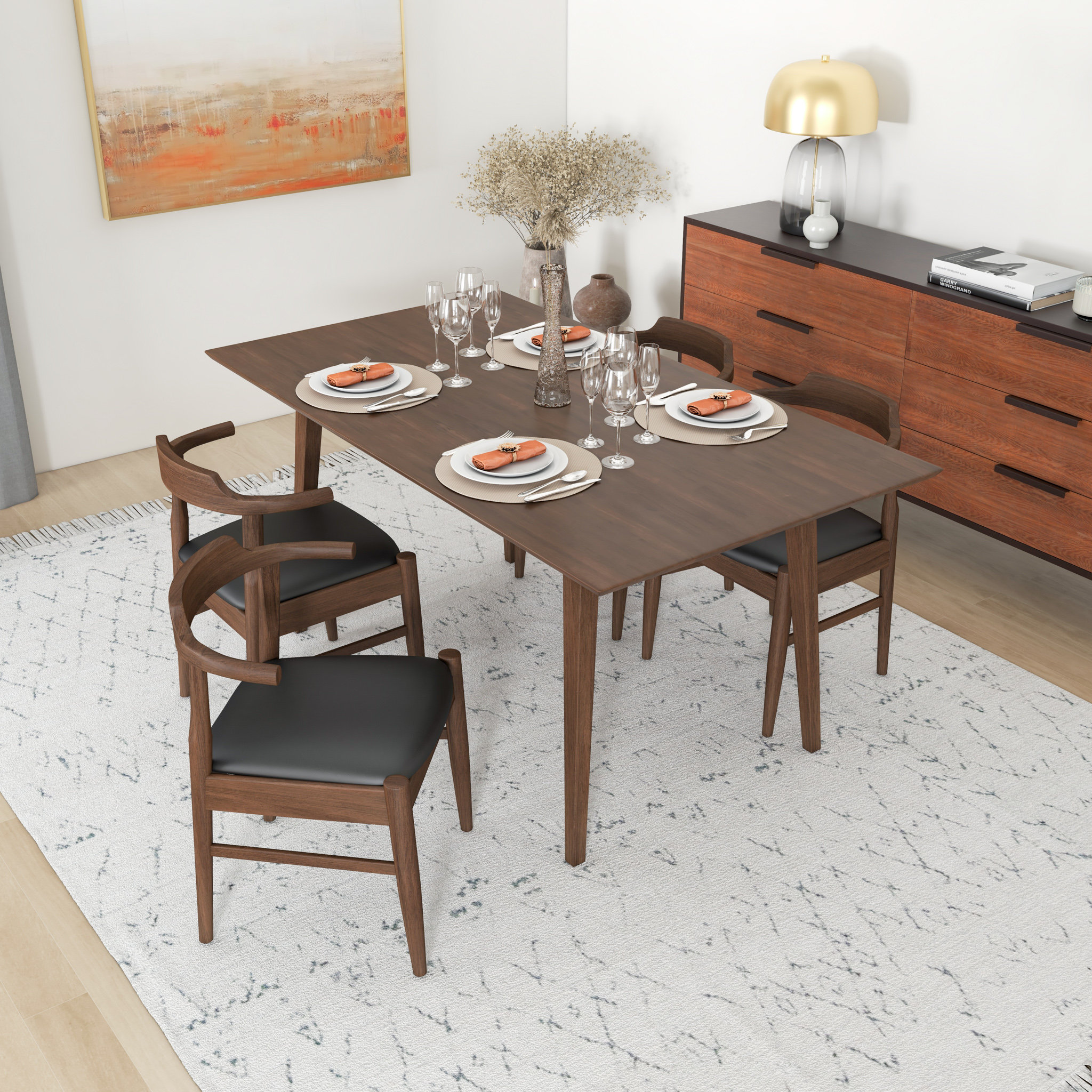 Corrigan Studio Dartmouth 5-Piece Mid-Century Rectangular Dining Set W/ 4 Faux Leather Dining ...