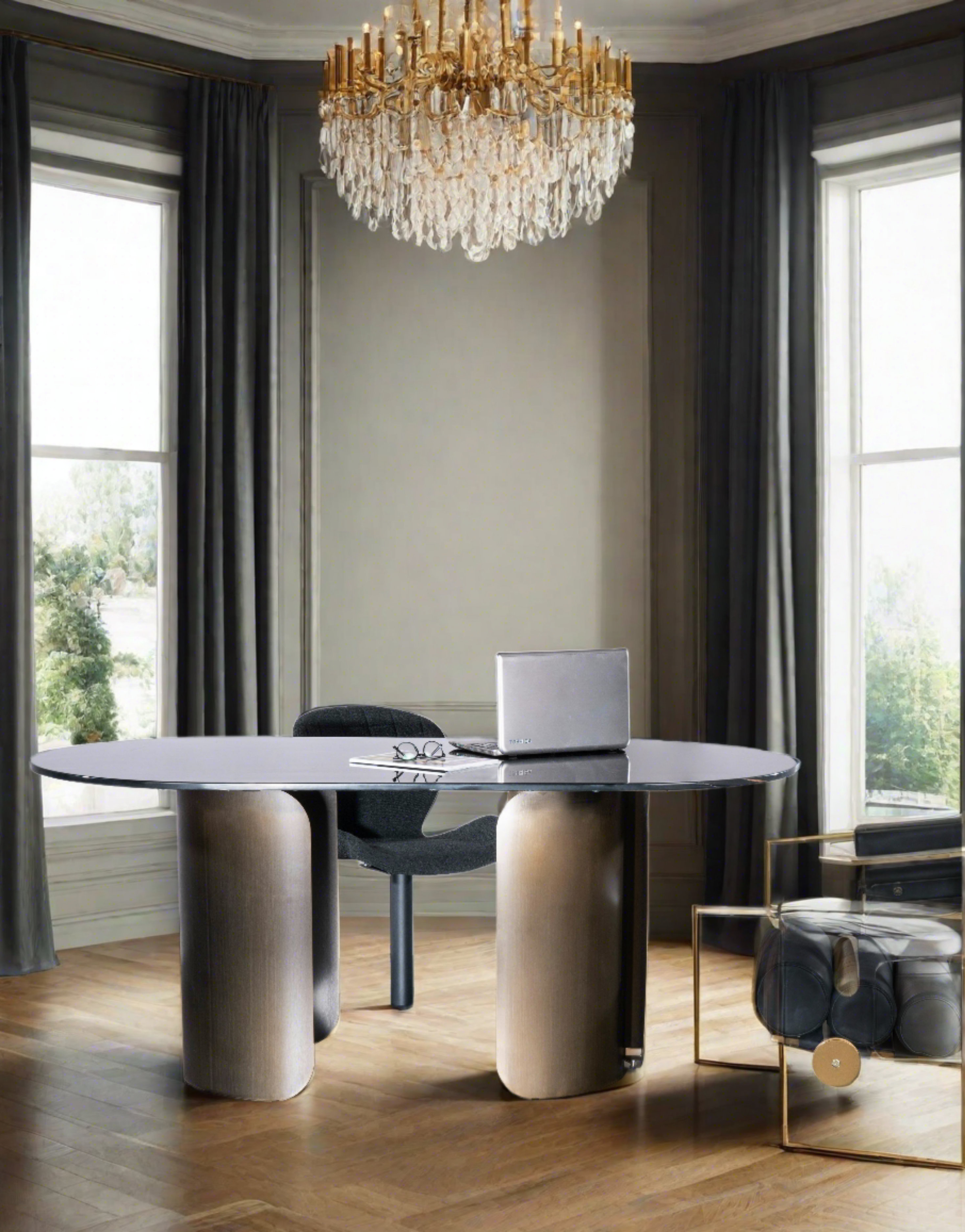 Orren Ellis Diako Executive Oval Desk with Marble Top and Sculptural ...