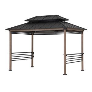 Sunjoy Wooden Grill Gazebo with AC Power Port, 8 x 12 ft. Steel Hardtop ...