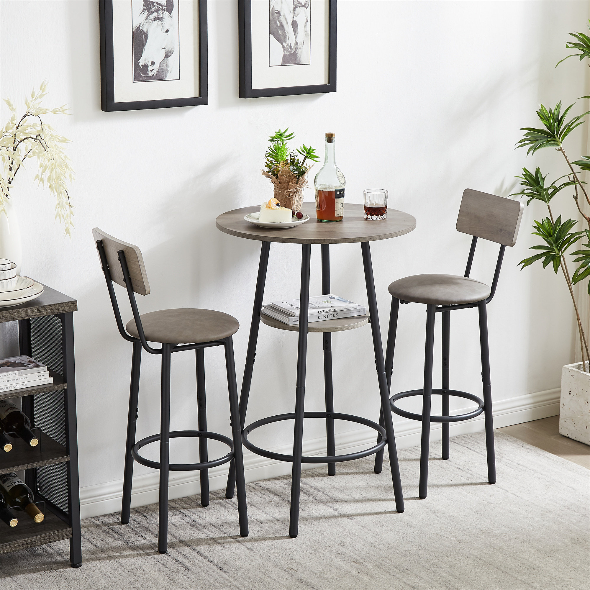 17 Stories Round Bar Table Set W/ 2 Bar Stools PU Soft Seat W/ Backrest ...