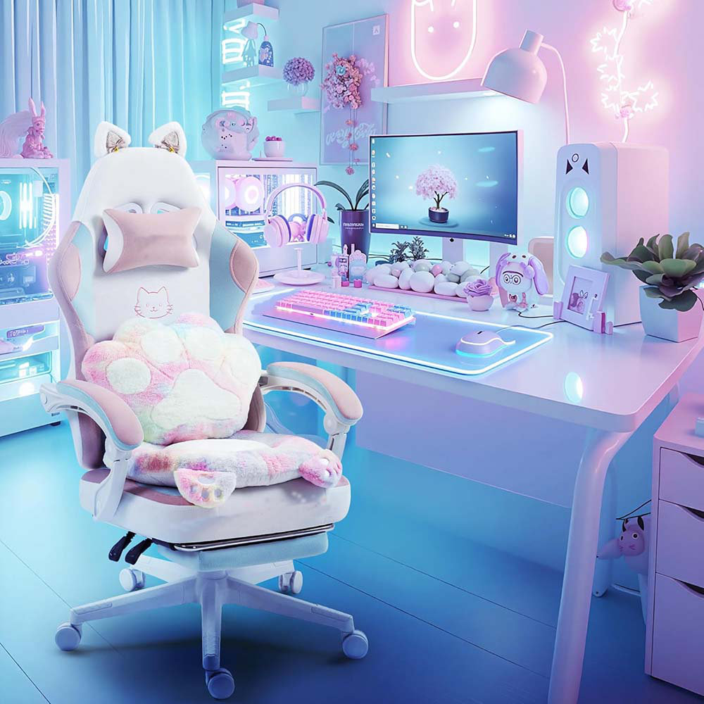 Trinx Gaming Chair Cute With Cat Ears Paw Lumbar And Cushion,Ergonomic ...