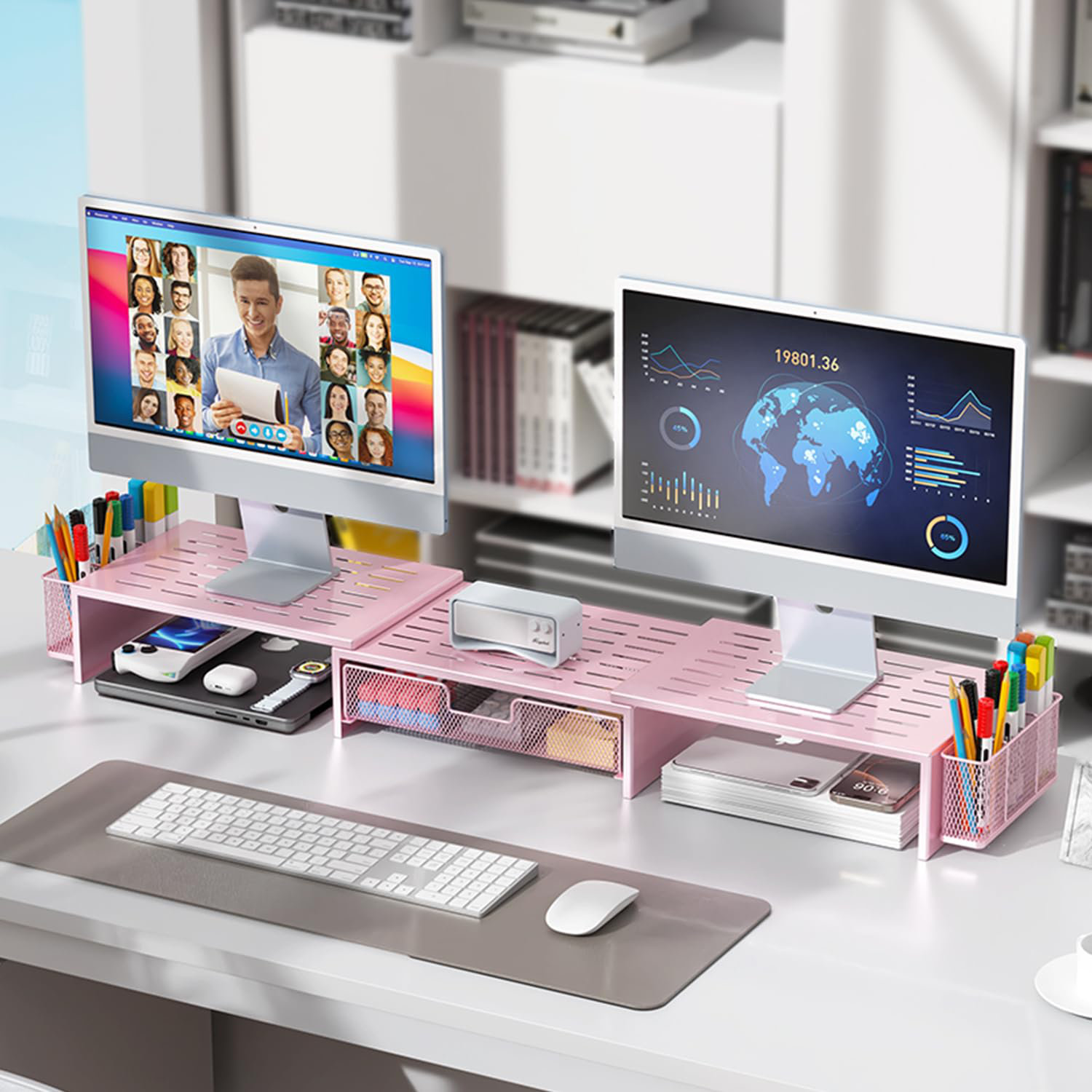 Inbox Zero Computer Dual Monitor Stand With Drawers And 2 Pen Holders ...