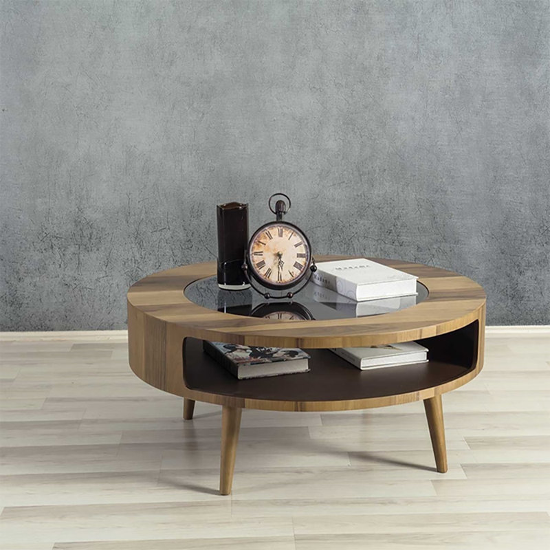 C-DECOR Moon Round Middle Coffee Table With High Shelf Wooden And Glass ...