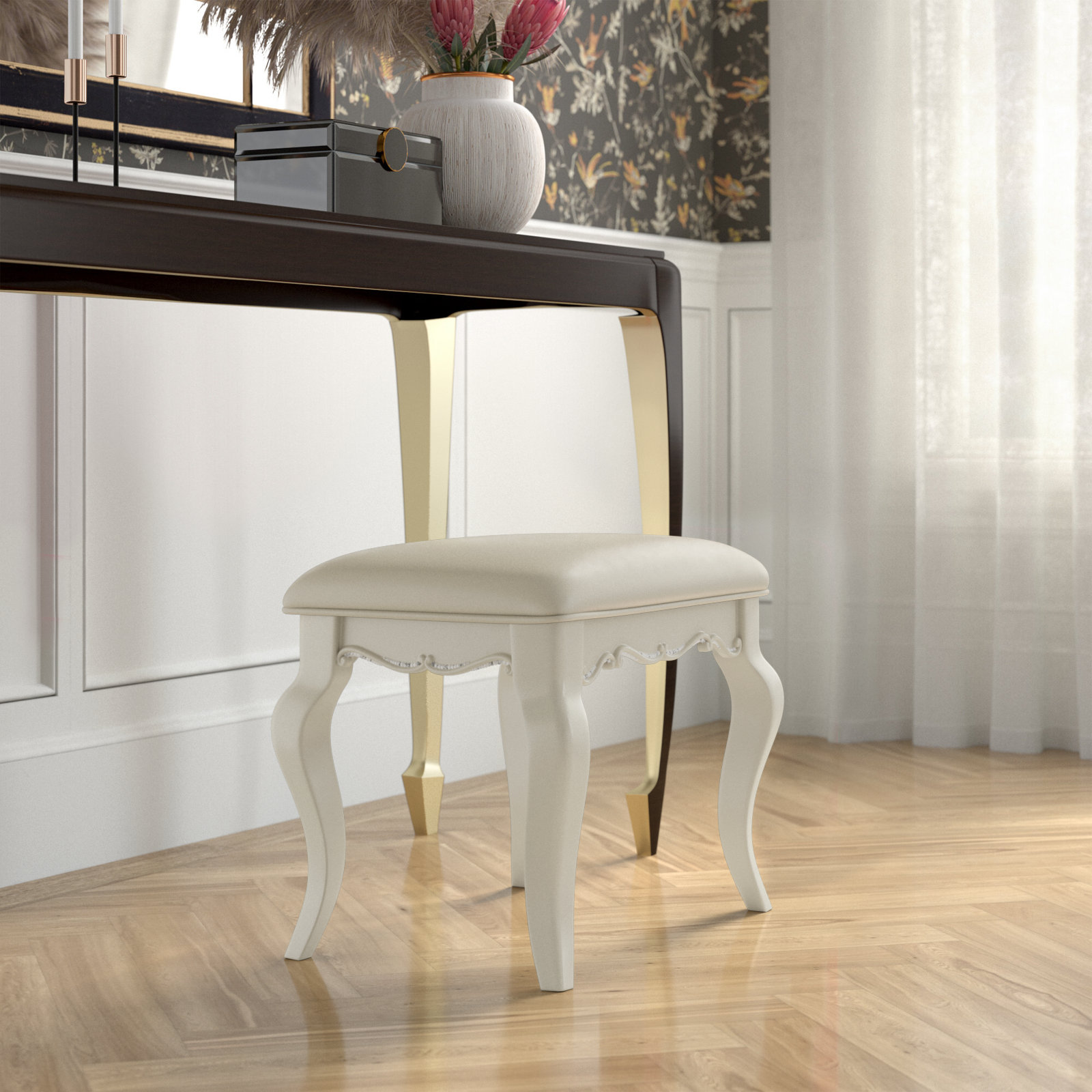 Harriet Bee Edalene Upholstered Kids Vanity Stool in Pearl White | Wayfair