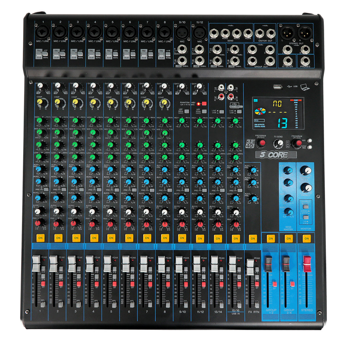 5 Core Audio DJ Mixer 16 Channel Sound Board Console w 24 SPX Effect ...