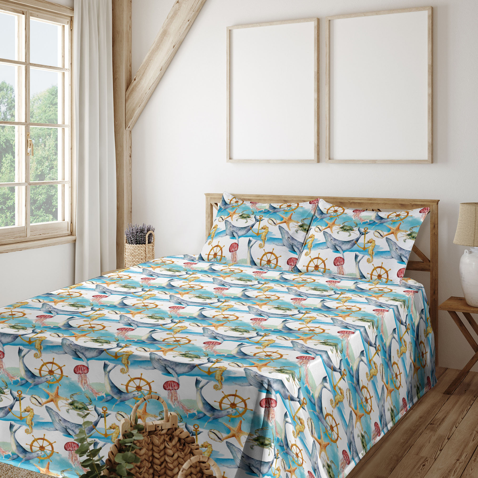 Ambesonne Nautical Sheet Set Ocean Whale Starfish Art Burnt Sienna Sea ...
