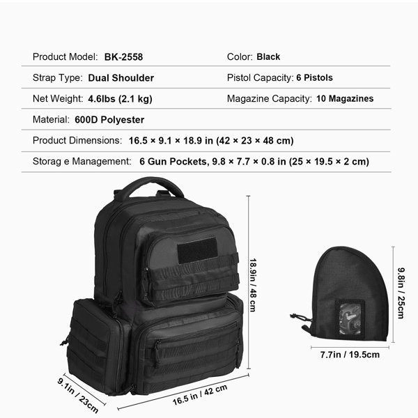 VEVOR Tactical Pistol Backpack with 6 Pistol Cases, Gun Range Backpack ...