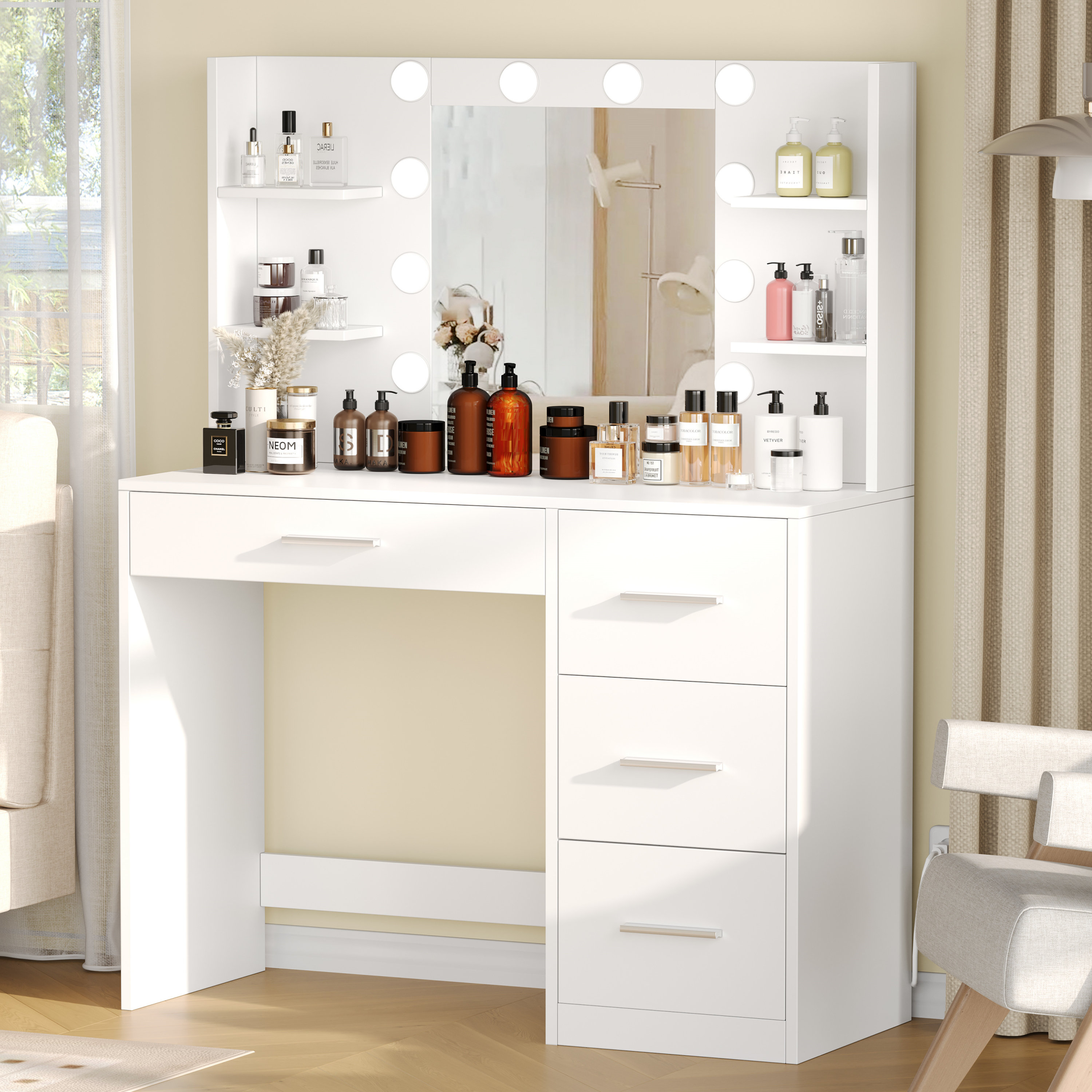 Latitude Run® Balceta Makeup Vanity Table with Lights & Mirror, Open ...