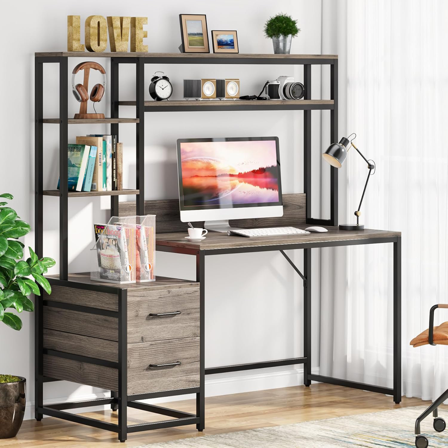 Latitude Run® 55 Inches Grey Computer Desk with Hutch, 2 Drawers & Open ...