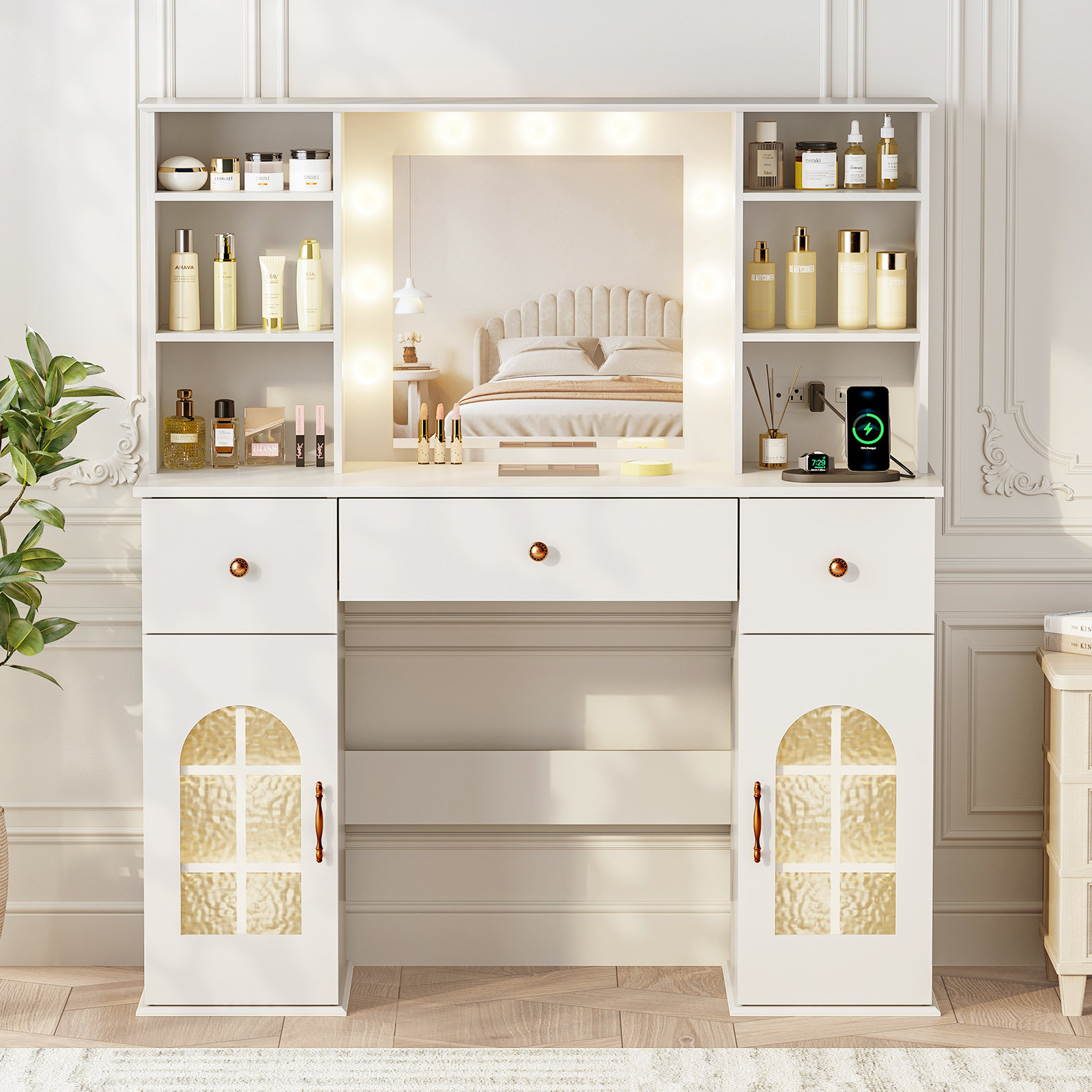 Brayden Studio Dressing Table With Mirror And Adjustable Lights, Makeup ...