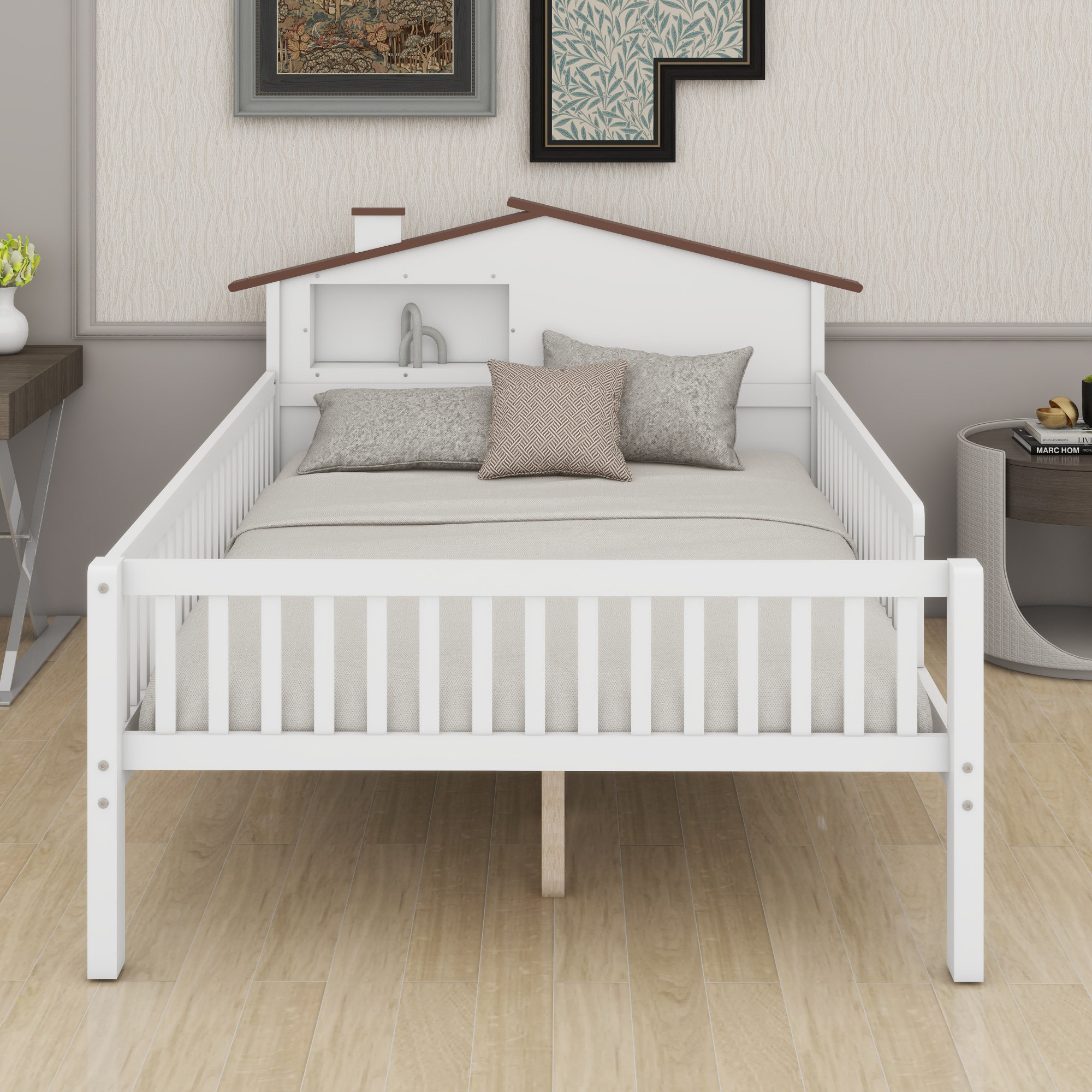 WORK LOGICS LLC Wood Platform Bed With House-Shaped Headboard, LED And Built-In Storage | Wayfair