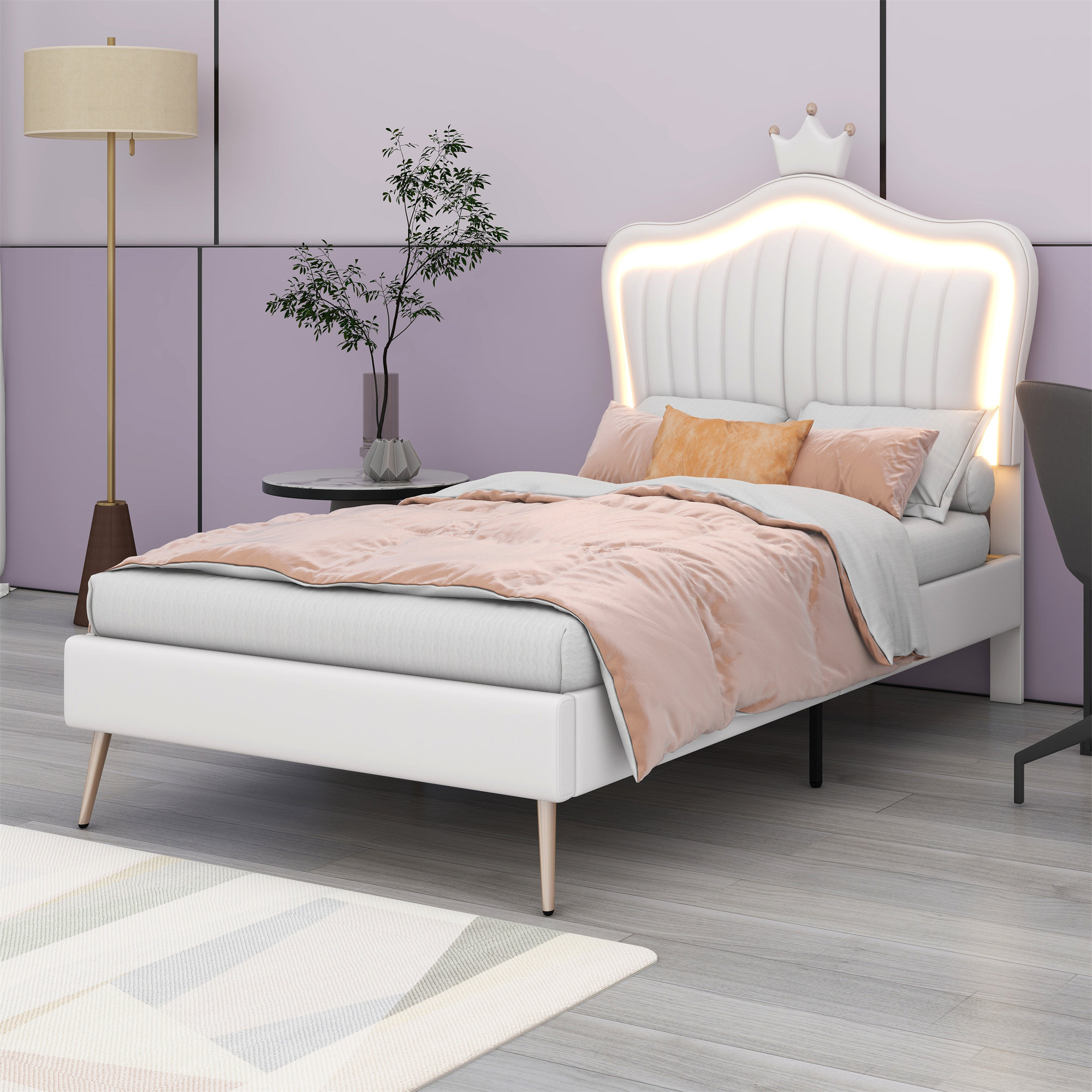 Gemma Violet Upholstered Princess Bed With Crown Headboard And LED ...