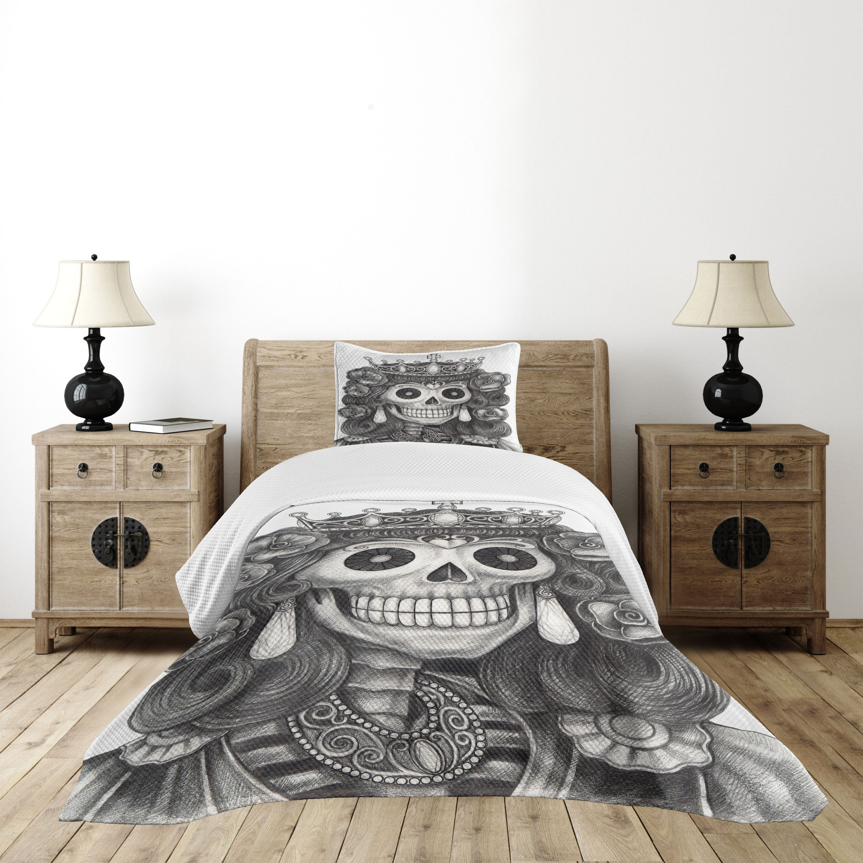 Ambesonne Skull Bedspread Set 2 Pcs Dead Folk Flowers Twin Black and ...
