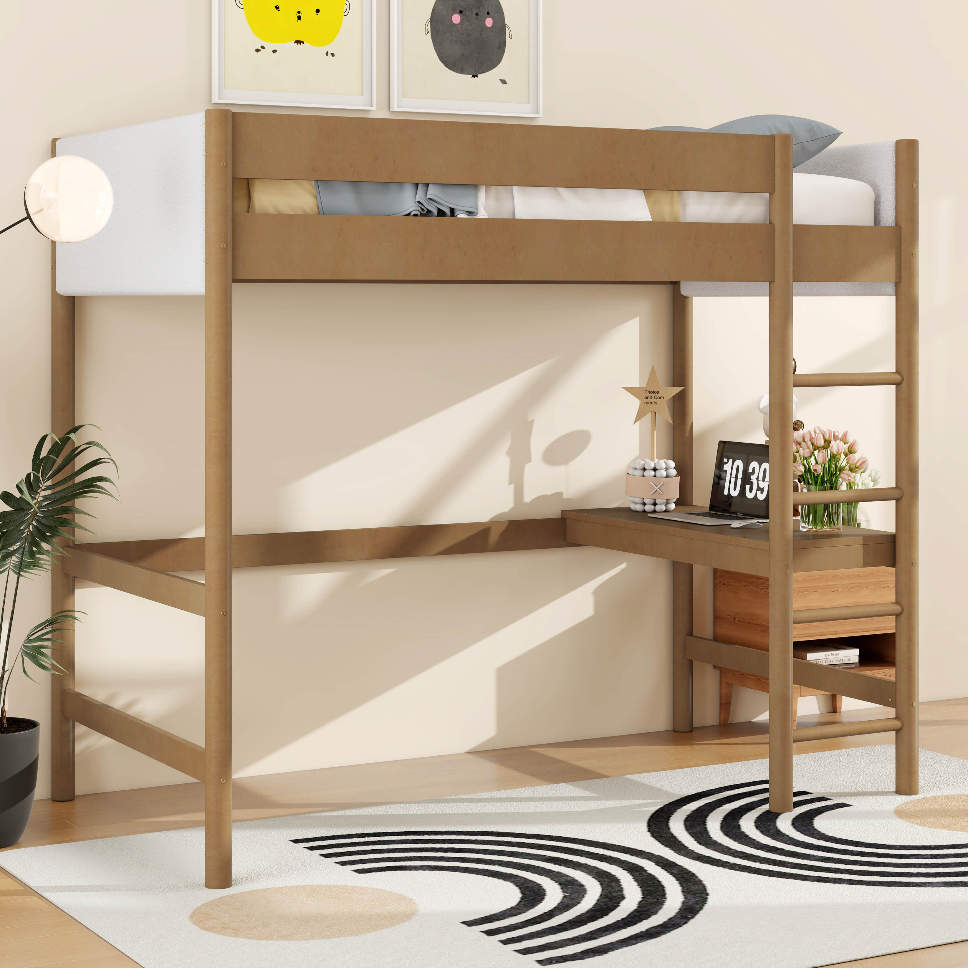 Harriet Bee Twin Size Loft Bed With Desk, Teddy Fleece Fabric ...