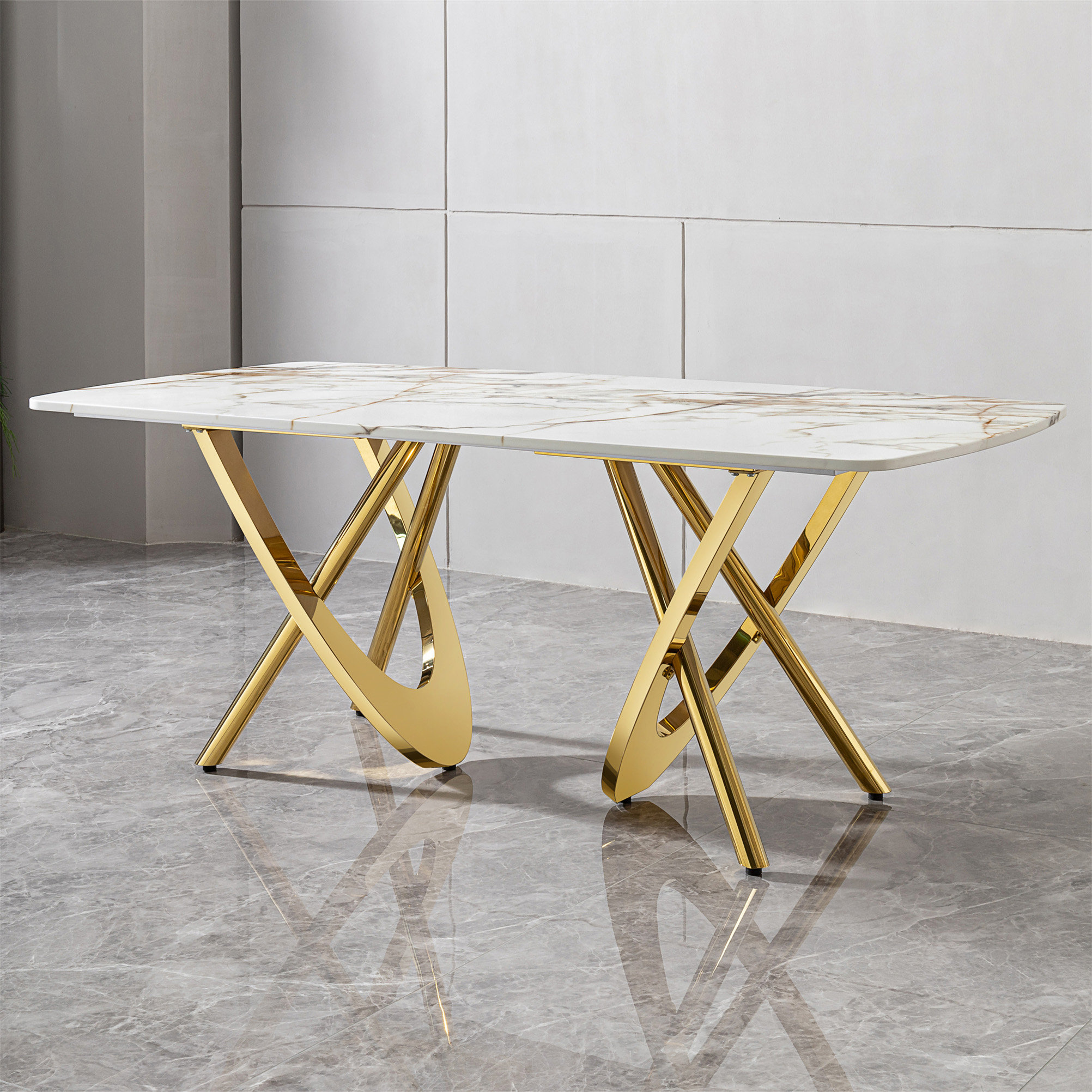 Everly Quinn MDF Marble Pattern Dining Table With Gold Stainless Steel ...