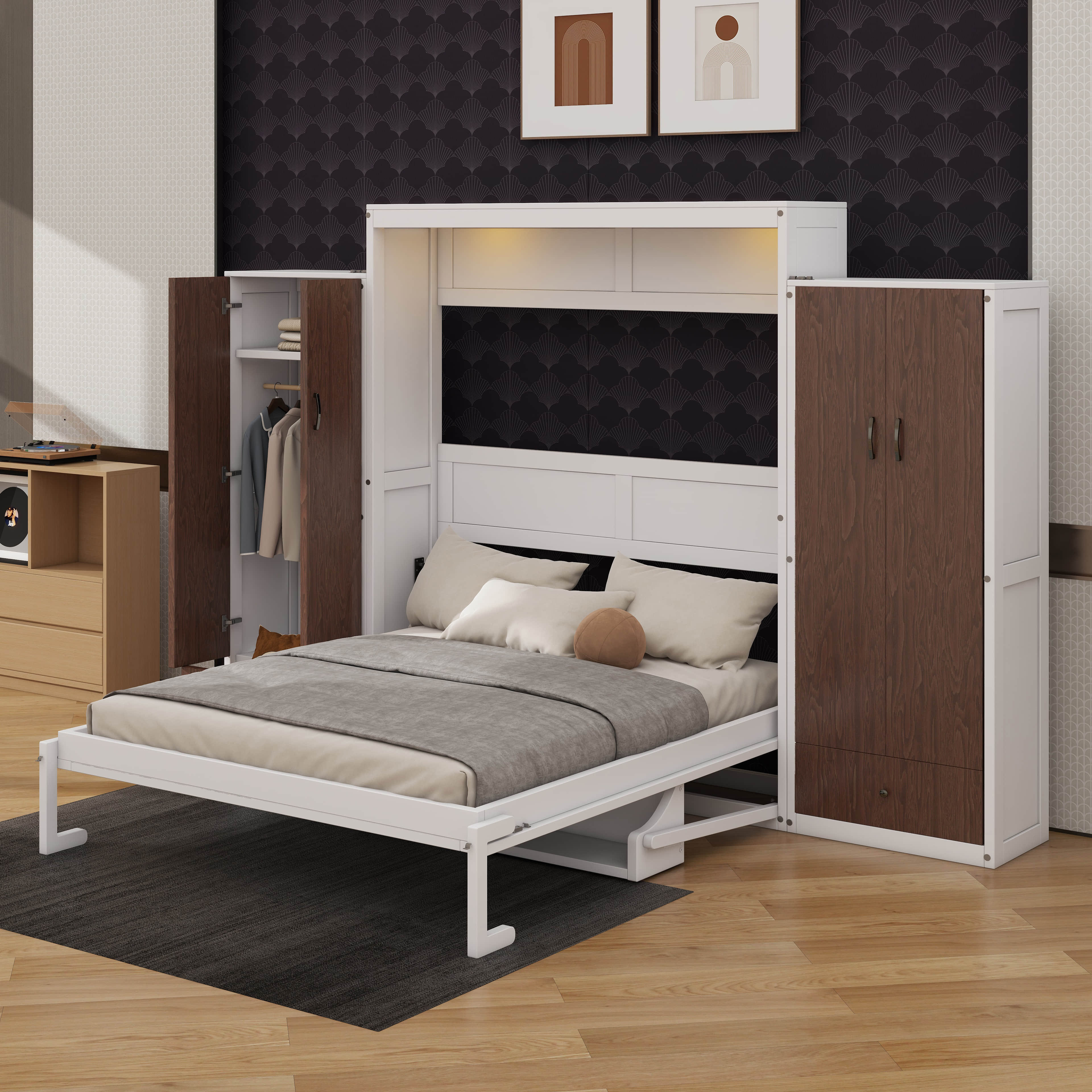 Orren Ellis Murphy Cabinet Bed With Built-In LED Lighting, Desk Space, Wardrobe, And Multiple ...