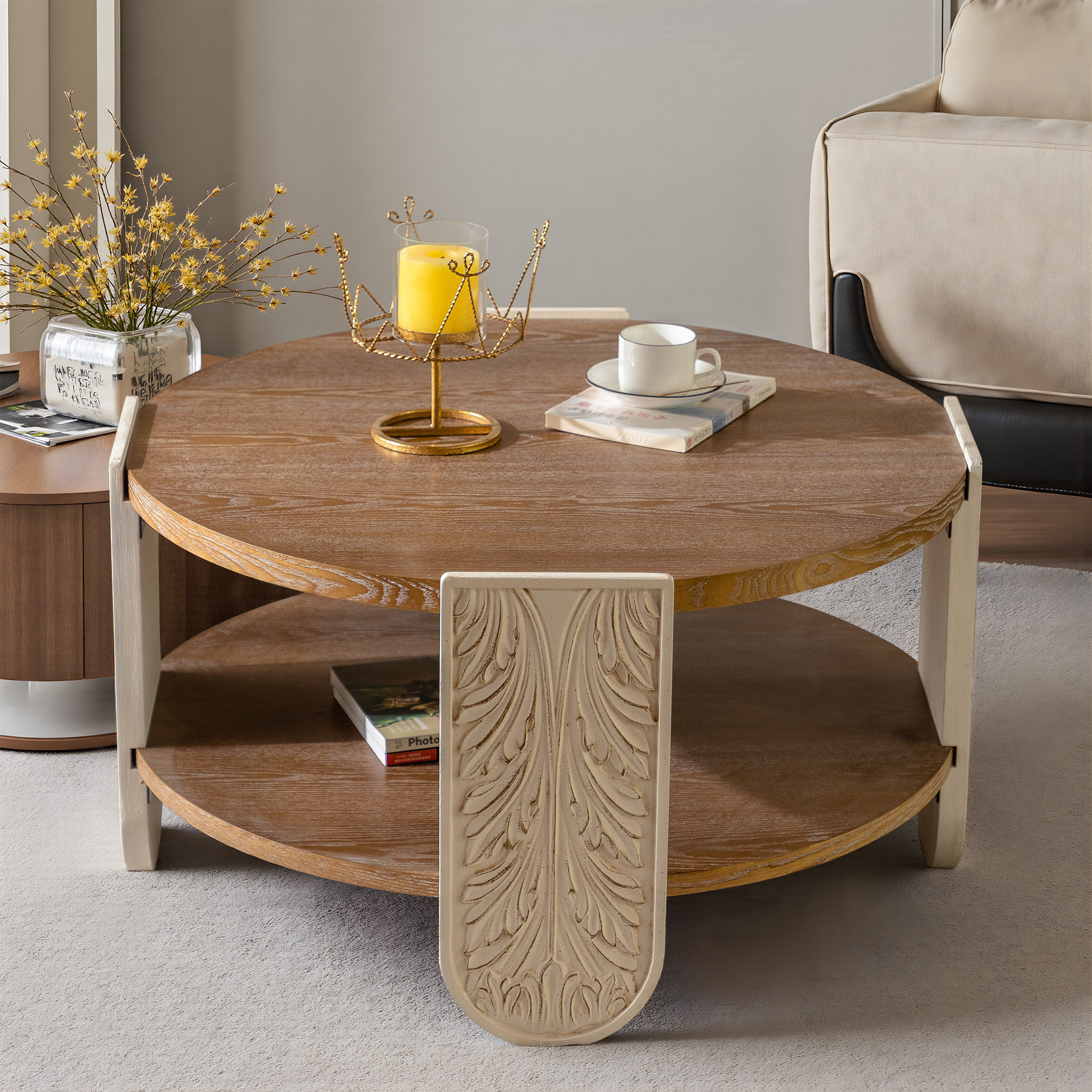 Ophelia & Co. Rustic Farmhouse Coffee Table with Curved Legs & Double ...