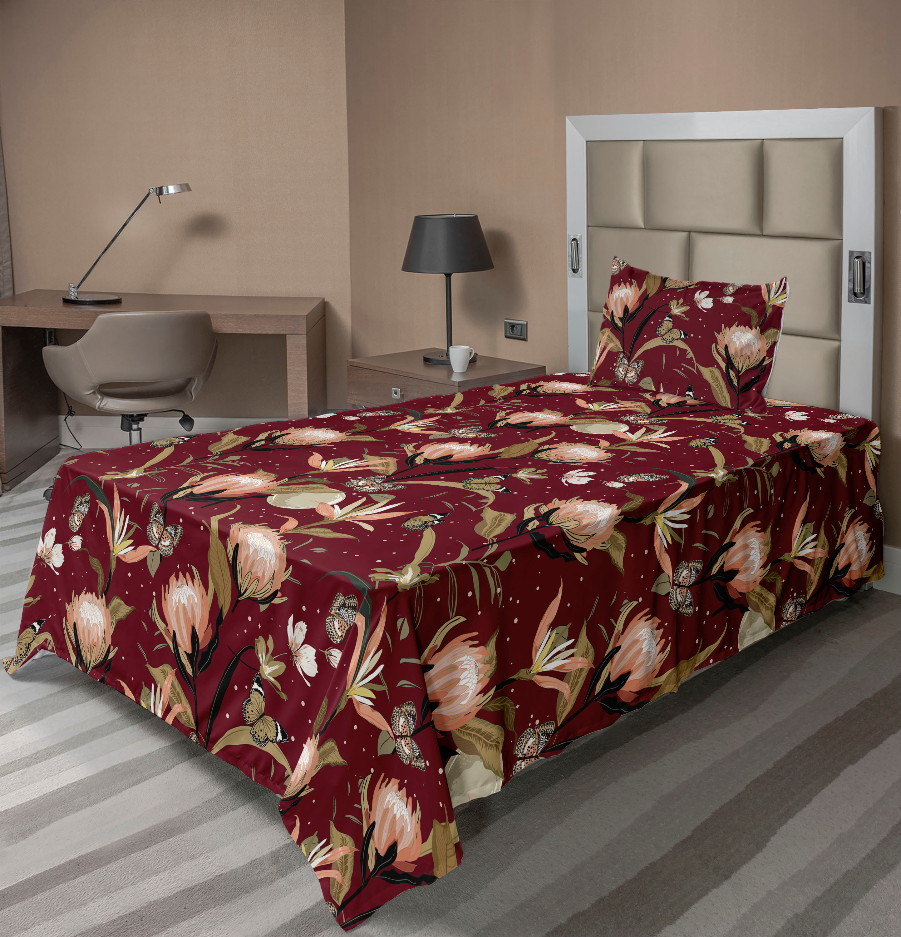 Ambesonne Nature Sheet Set Art Butterfly Protea Flower Pale Camel ...