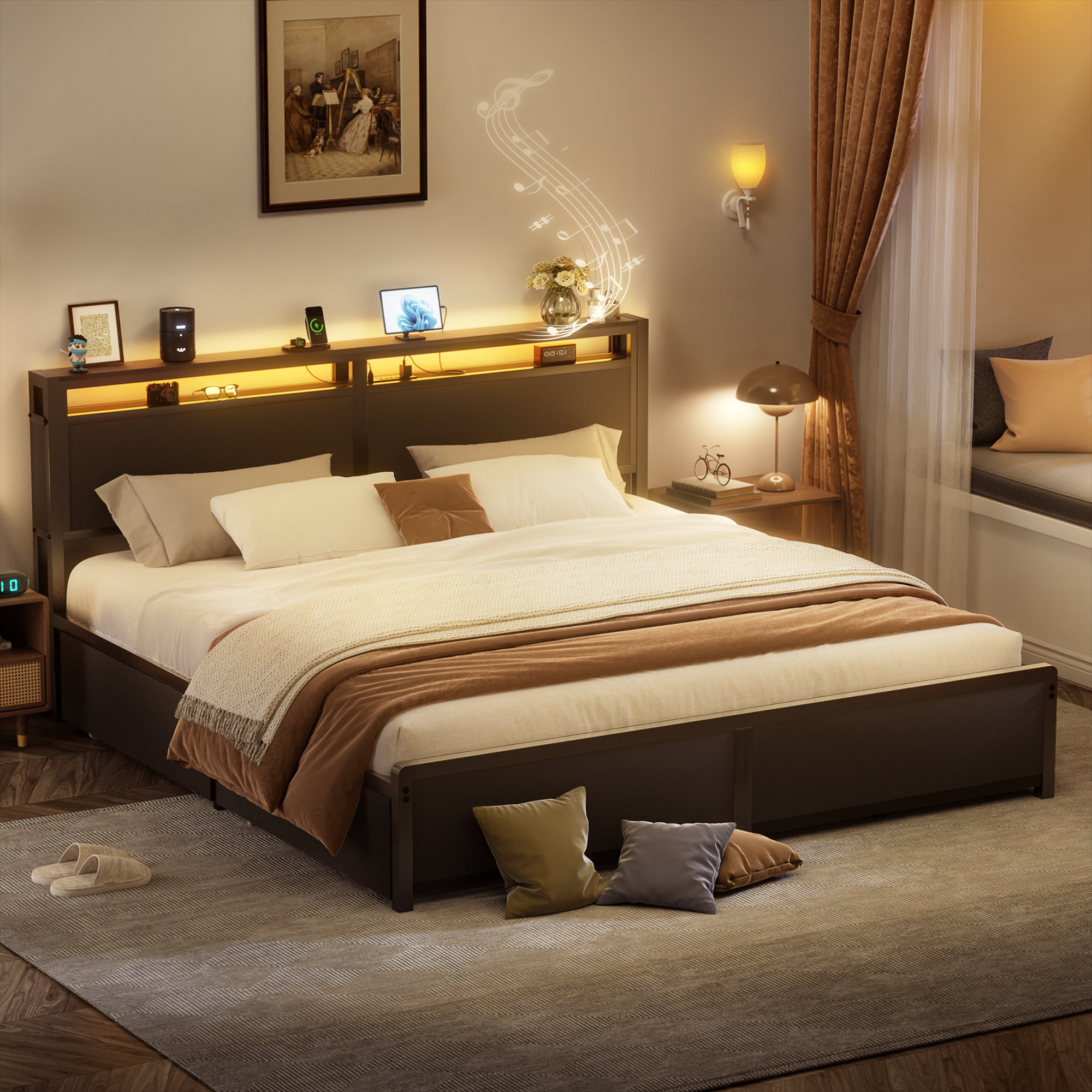 Wrought Studio Bed Frame With 4 Drawers, Metal Frame With LED Light And ...