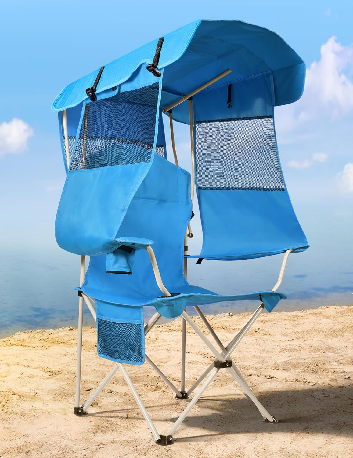 Arlmont & Co. Beach Chair with Canopy Shade, Folding Camping Chair with ...