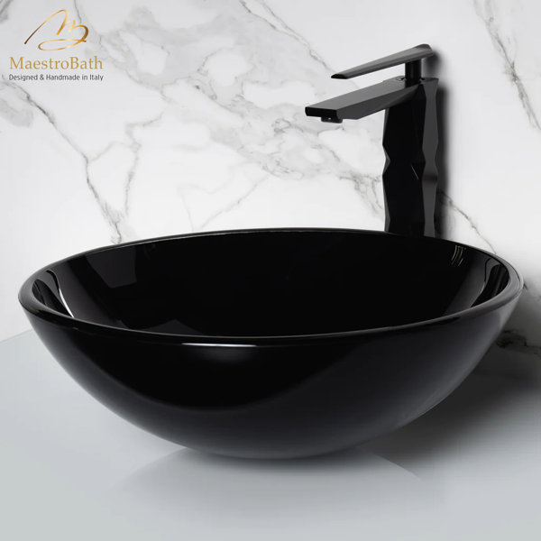 MaestroBath Maestro Bath 16.5'' Black Tempered Glass Circular Vessel ...