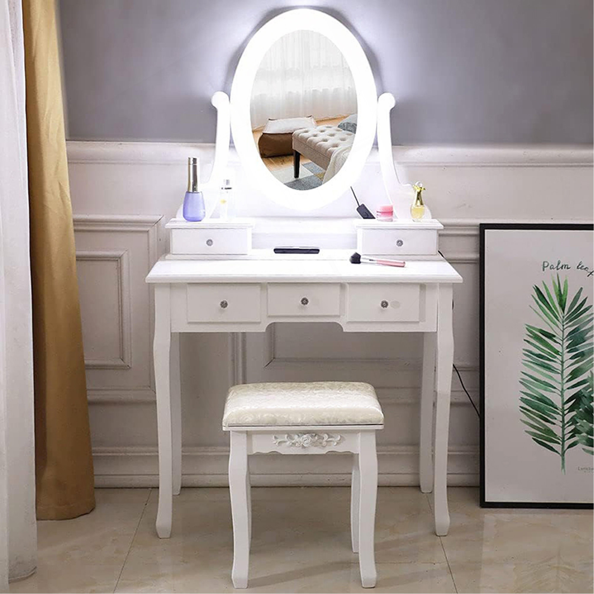 House of Hampton Makeup Vanity Desk And Stool Set, Vanity Mirror With ...