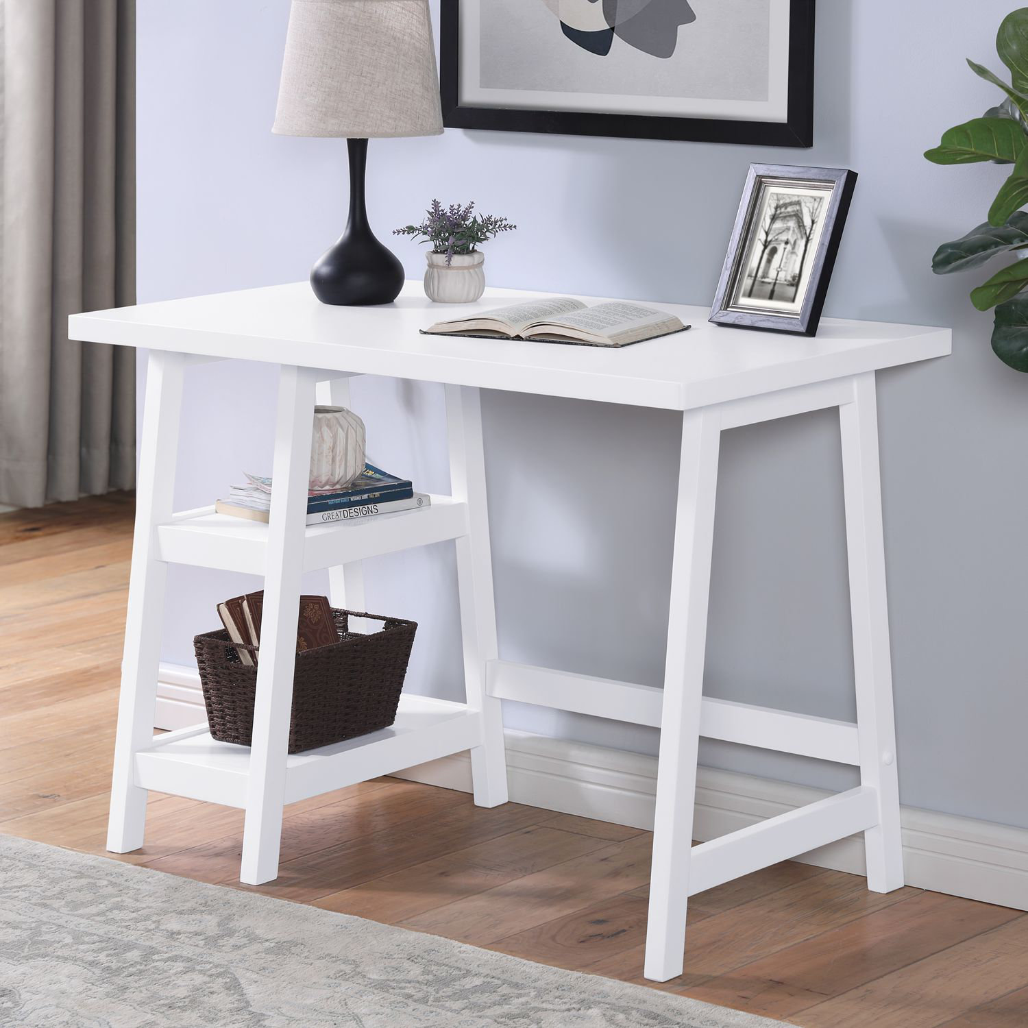 Ebern Designs Redina Contemporary Wood Writing Desk with Storage, White ...