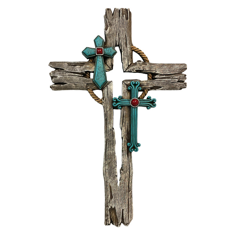 Millwood Pines Polyresin Vintage Rustic Multi-Layered Turquoise Cross ...