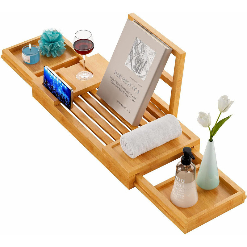 Rebrilliant Bamboo Bathtub Tray, Expandable Bathroom Tray, Waterproof ...
