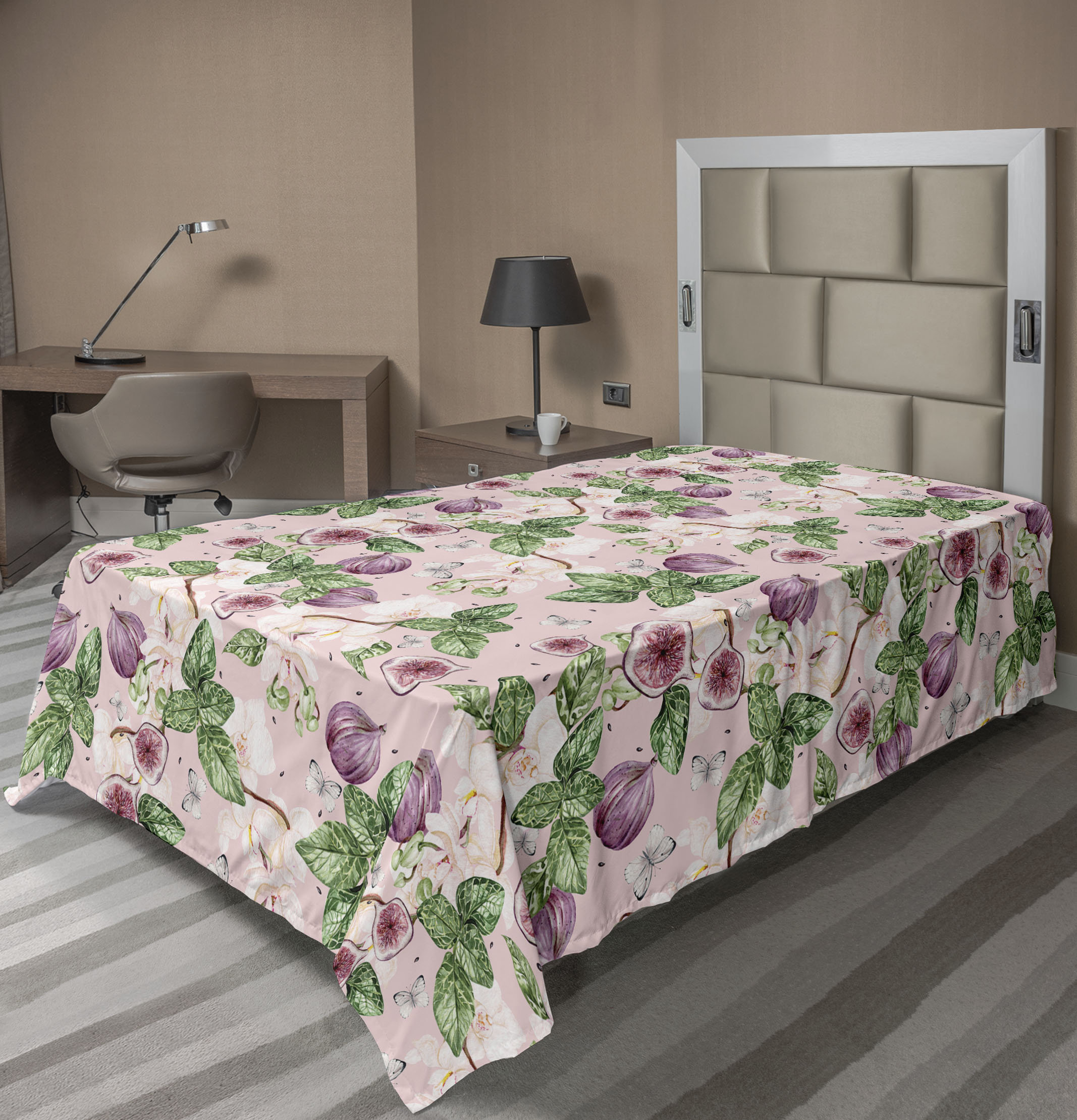 Ambesonne Spring Floral Flat Sheet Orchid Flowers Figs Fern Green Lilac ...