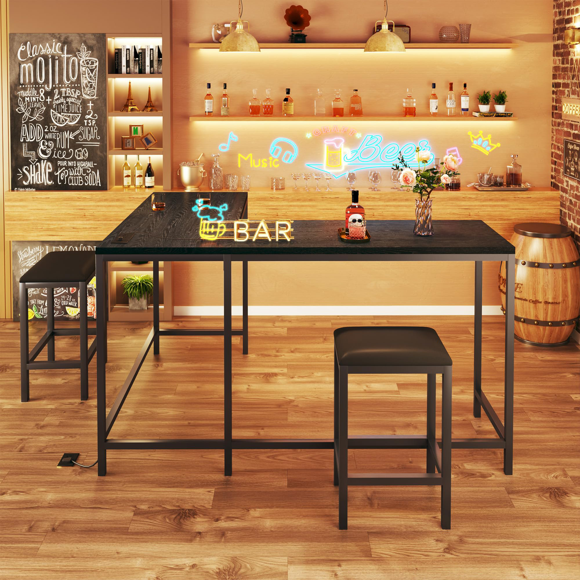 Ebern Designs Bar Table And Chair Set 2 Stool Small Convertible Dining ...