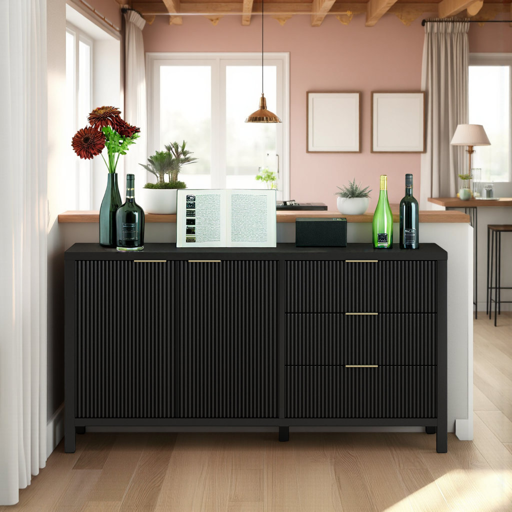 Ebern Designs Wave-Pattern Sideboard Buffet Cabinet with Drawers & Acacia Wood Legs | Wayfair